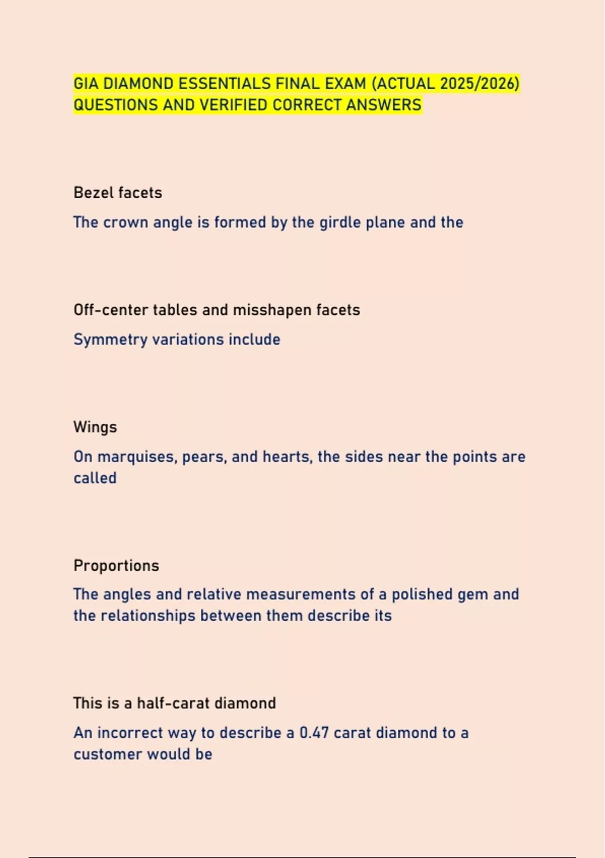 GIA DIAMOND ESSENTIALS FINAL EXAM (ACTUAL 2025/2026) QUESTIONS AND ...