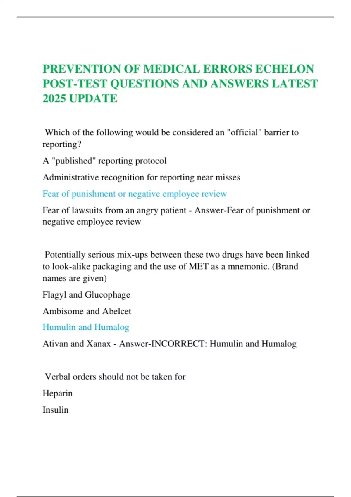 PREVENTION OF MEDICAL ERRORS ECHELON POST-TEST QUESTIONS AND ANSWERS ...