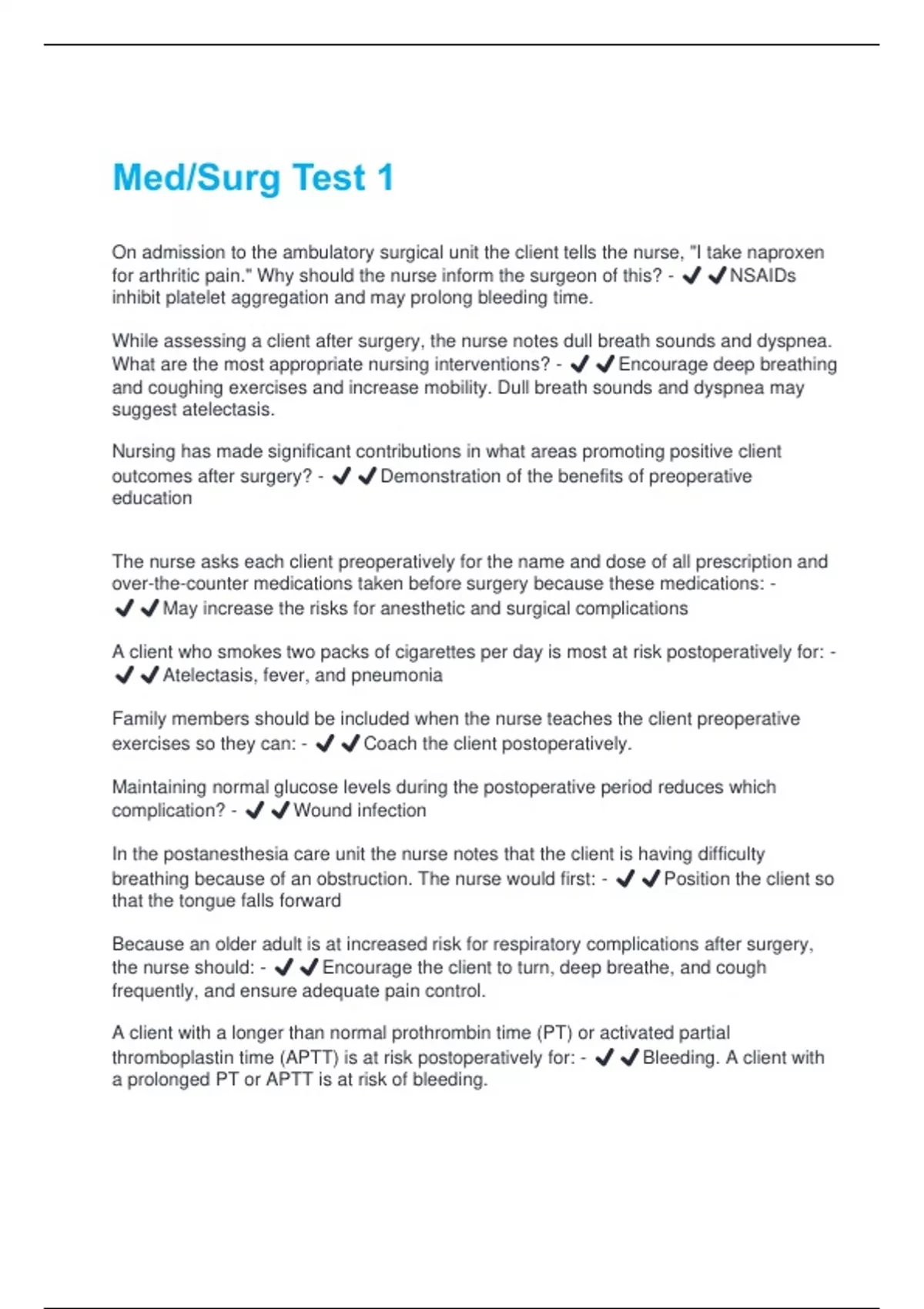 Med/Surg Test 1 2025 Questions with Correct Answers|New Version with ...