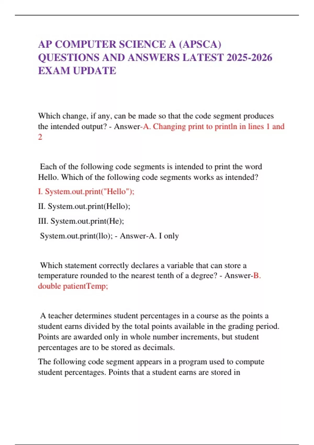 AP COMPUTER SCIENCE A (APSCA) QUESTIONS AND ANSWERS LATEST EXAM UPDATE ...