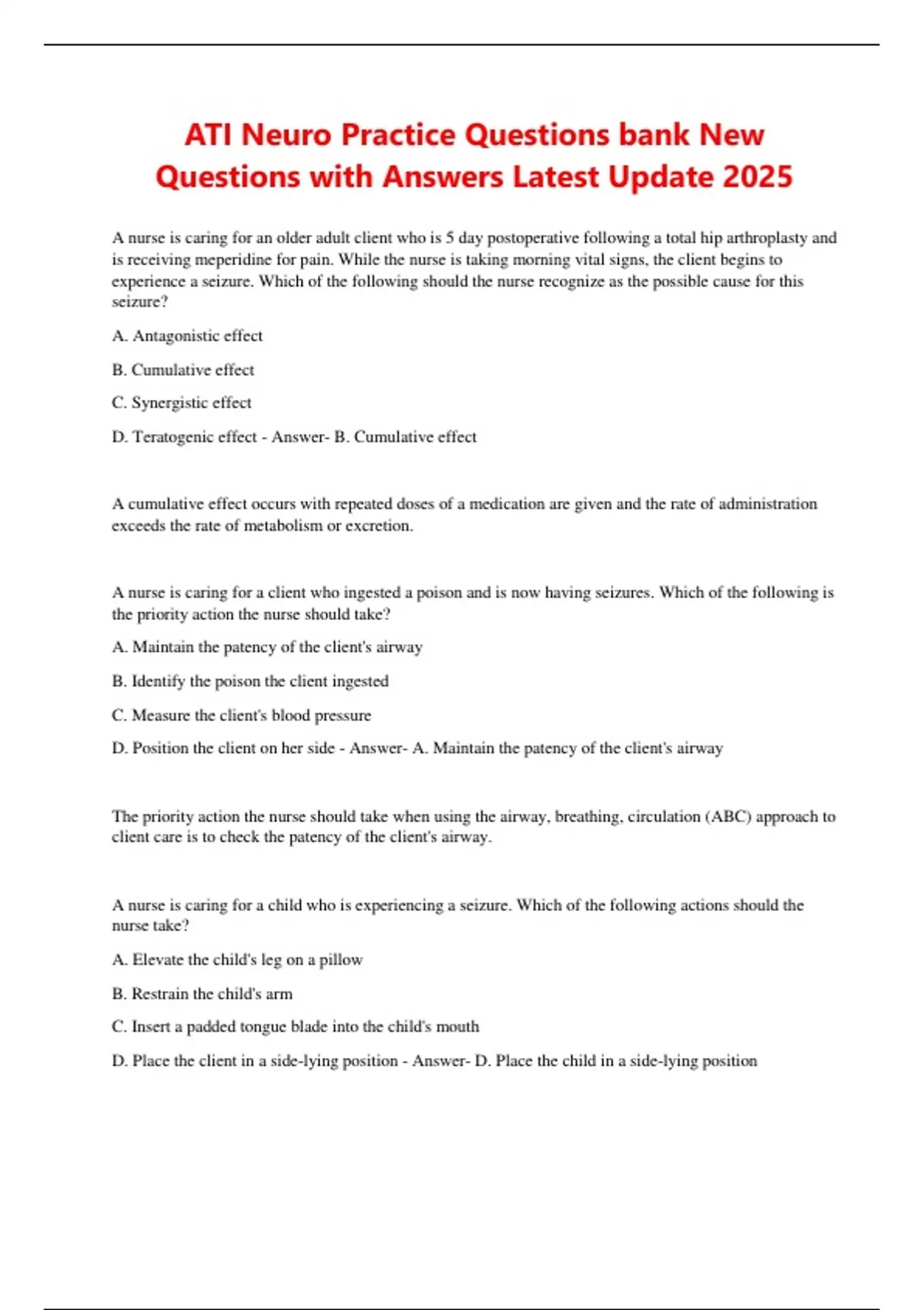 ATI Neuro Practice Questions bank New Questions with Answers Latest ...