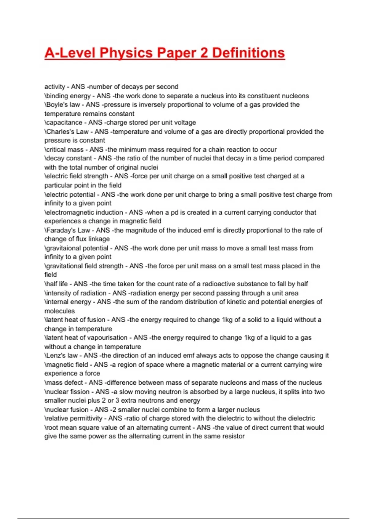 A-Level Physics Paper 2 Definitions Exam 2025/2026 Questions With Completed & Verified Solutions ...