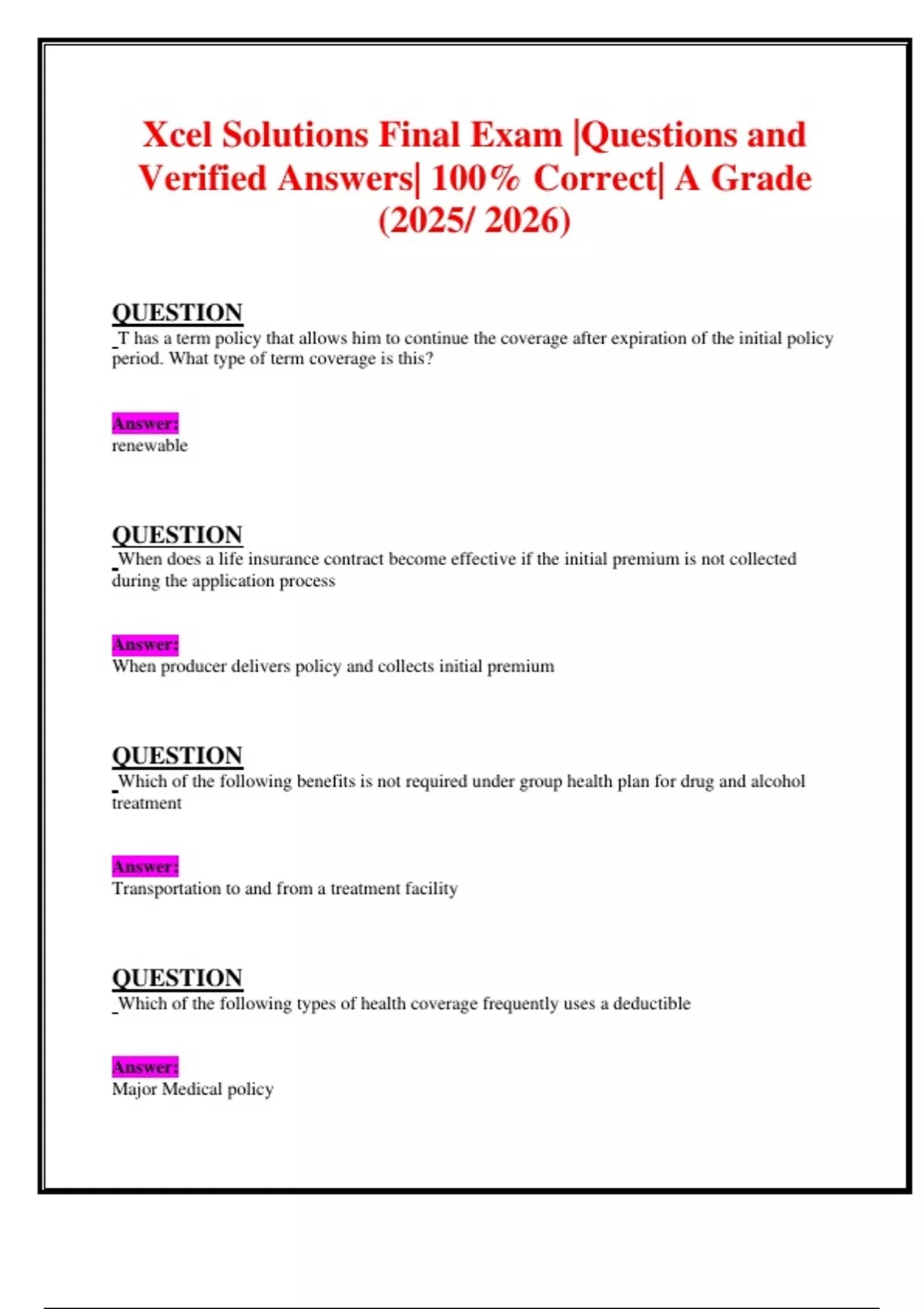Xcel Solutions Final Exam |Questions and Verified Answers| 100% Correct ...