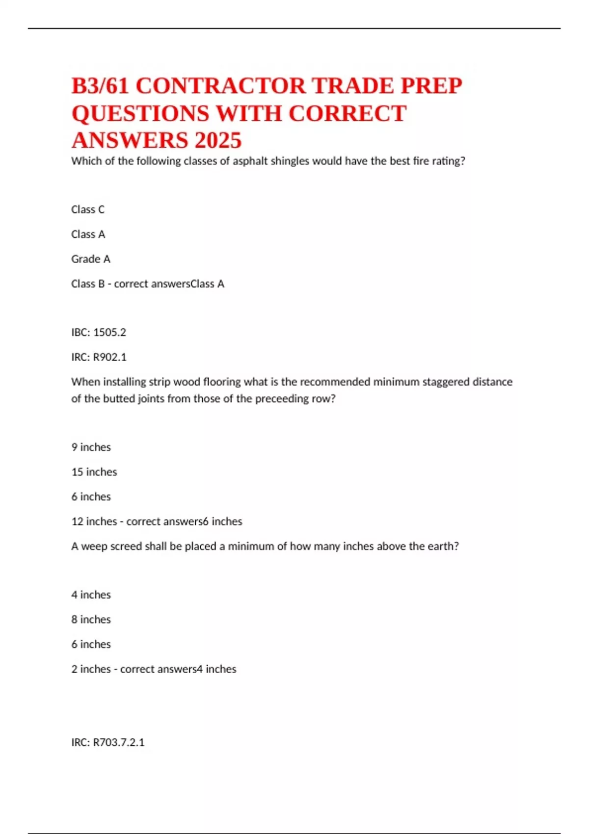 CONTRACTOR TRADE PREP QUESTIONS WITH CORRECT ANSWERS 2025. - APEA ...