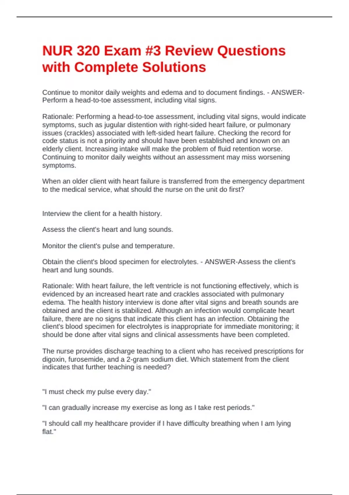 NUR 320 Exam #3 Review Questions with Complete Solutions - NURS 320 ...