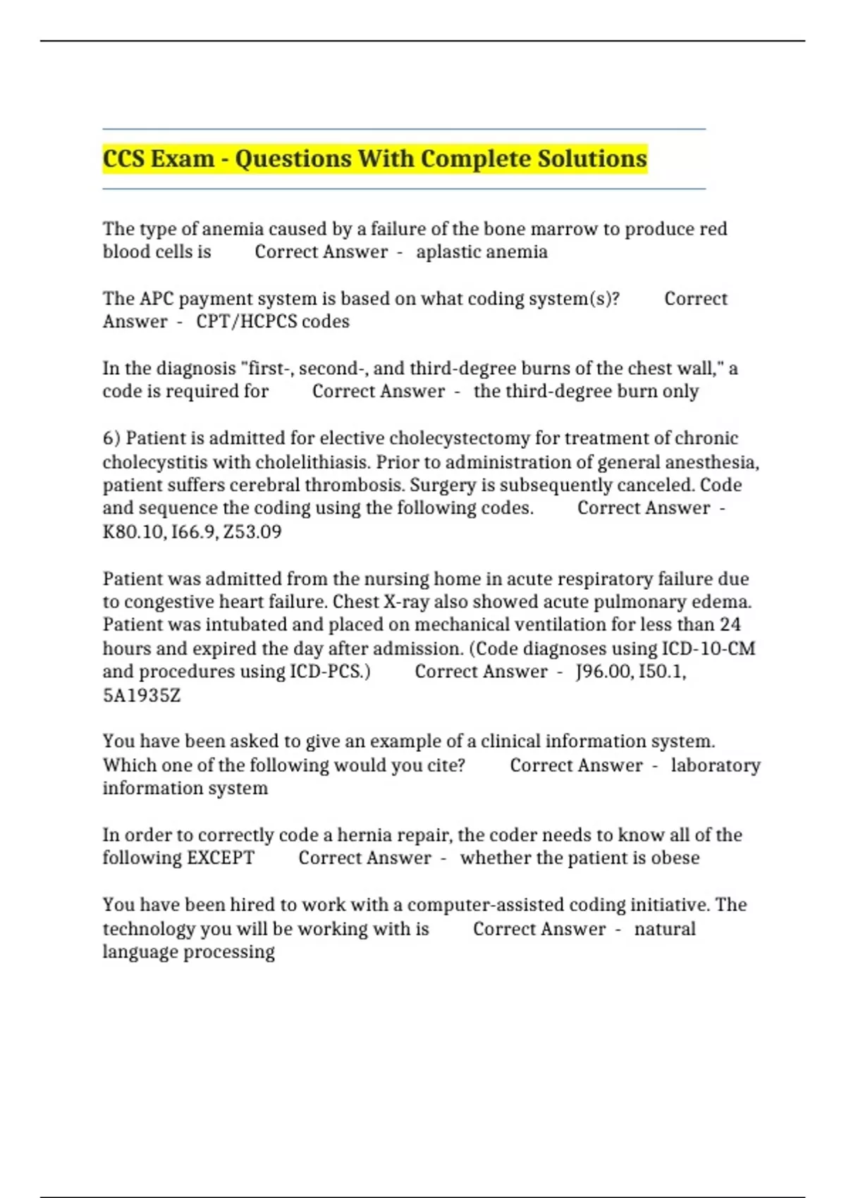 CCS Exam - Questions With Complete Solutions - CCS - Stuvia US