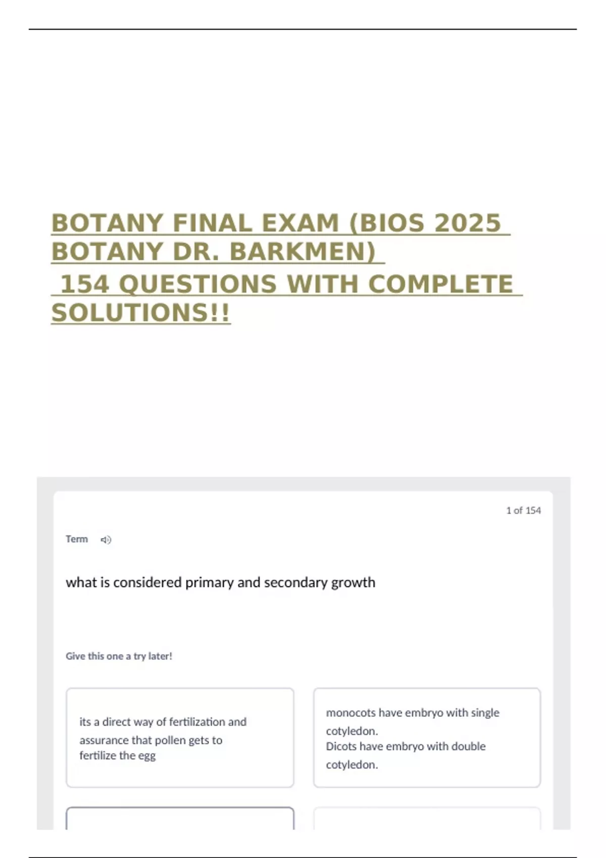 BOTANY FINAL EXAM (BIOS 2025 BOTANY DR. BARKMEN)154 QUESTIONS WITH COMPLETE SOLUTIONS!! - BOTANY ...