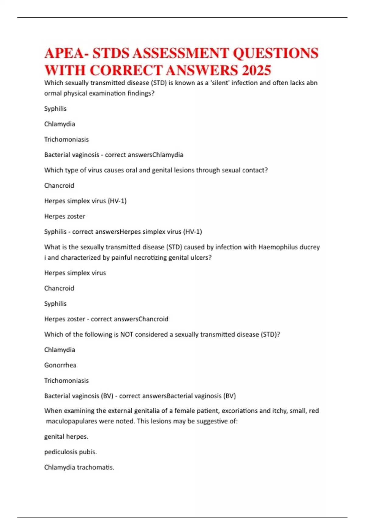 - STDS ASSESSMENT QUESTIONS WITH CORRECT ANSWERS 2025 - STDS ASSESSMENTS - Stuvia US