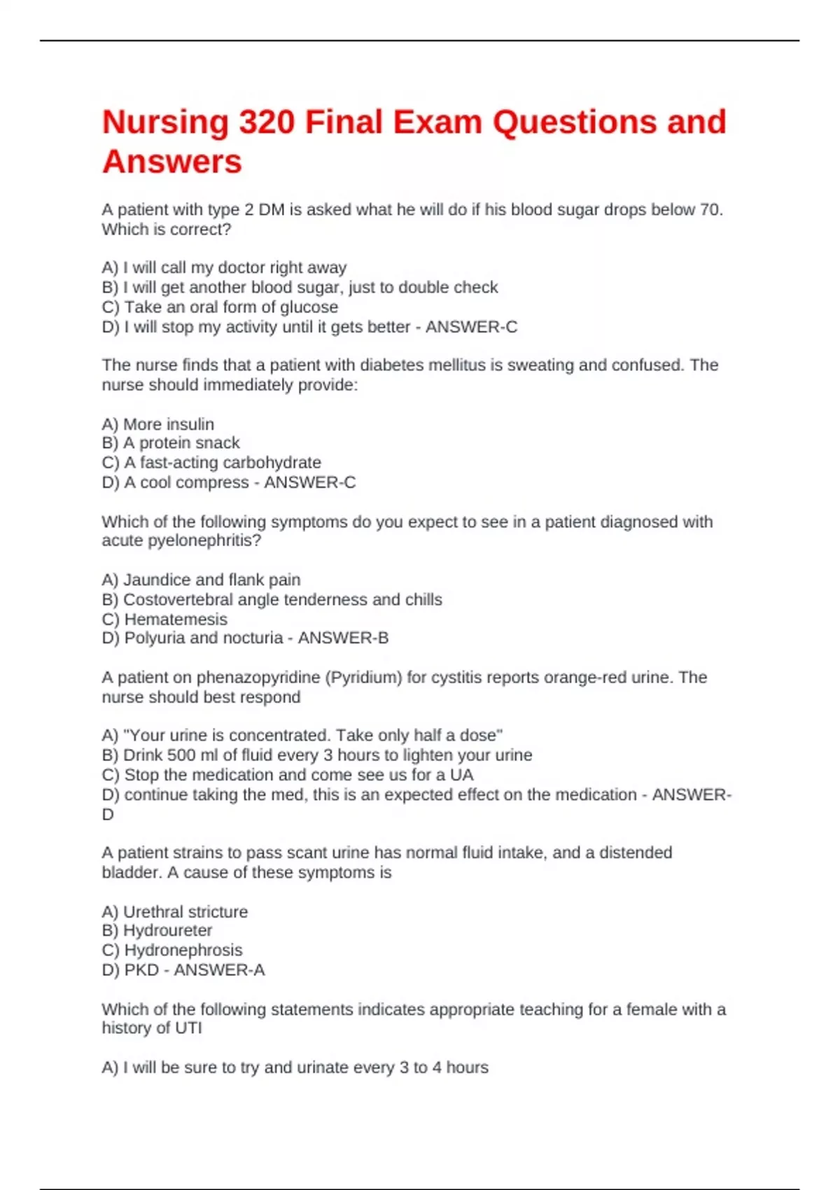 Nursing 320 Final Exam Questions and Answers - NURS 320 - Stuvia US
