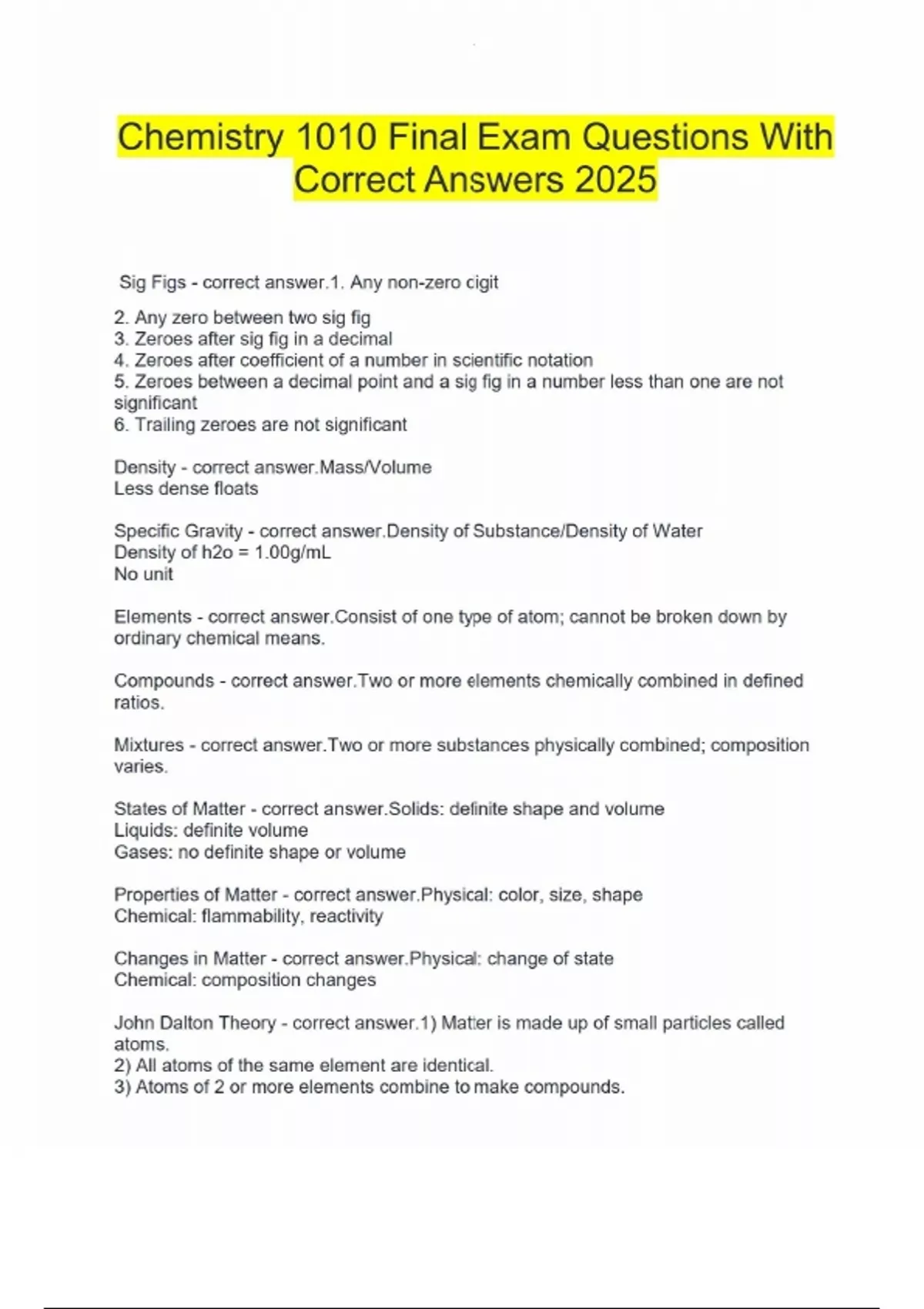 Chemistry 1010 Final Exam Questions With Correct Answers 2025 - Chemistry 1010 - Stuvia US