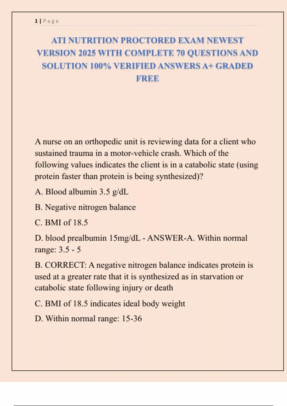 ATI NUTRITION PROCTORED EXAM NEWEST VERSION 2025 WITH COMPLETE 70 ...