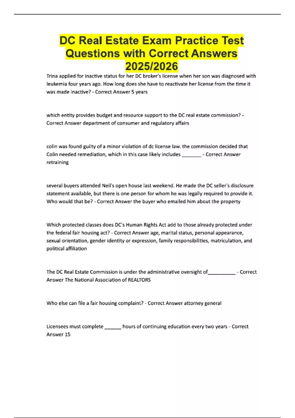 DC Real Estate Exam Practice Test Questions with Correct Answers 2025/ ...