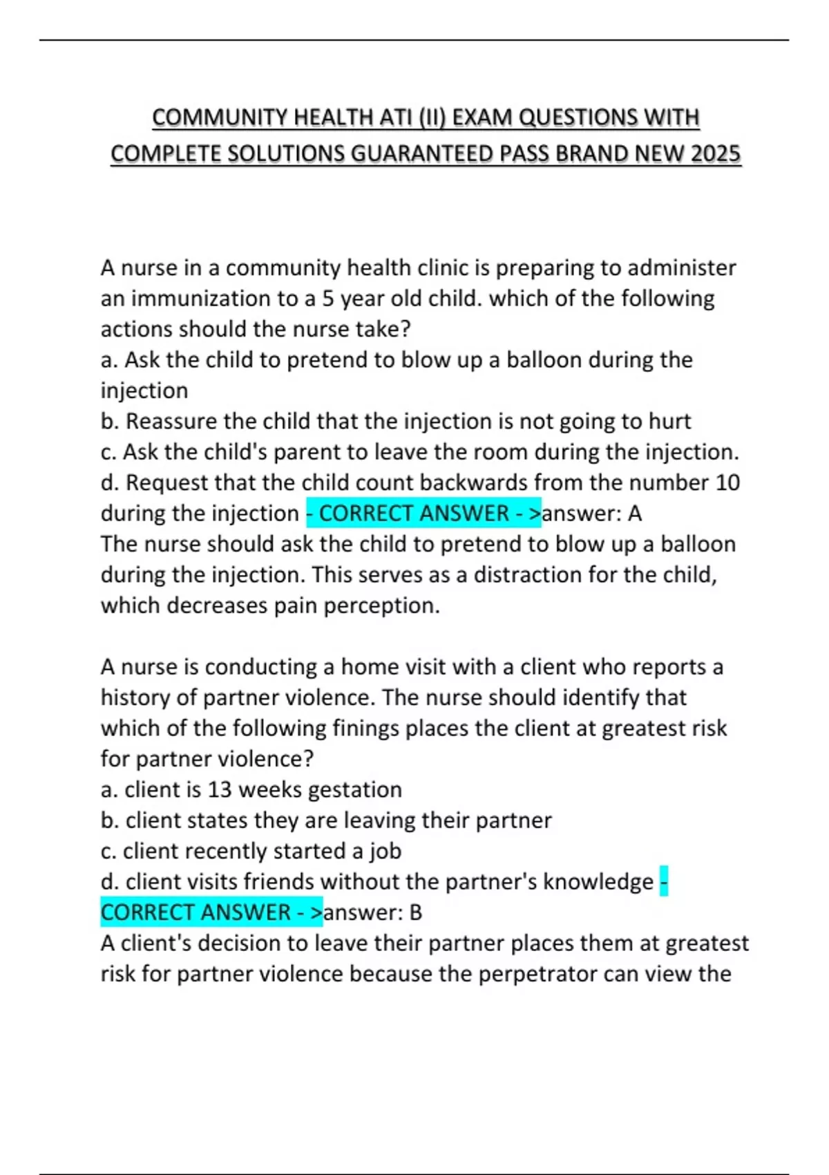 COMMUNITY HEALTH ATI (II) EXAM QUESTIONS WITH COMPLETE SOLUTIONS ...