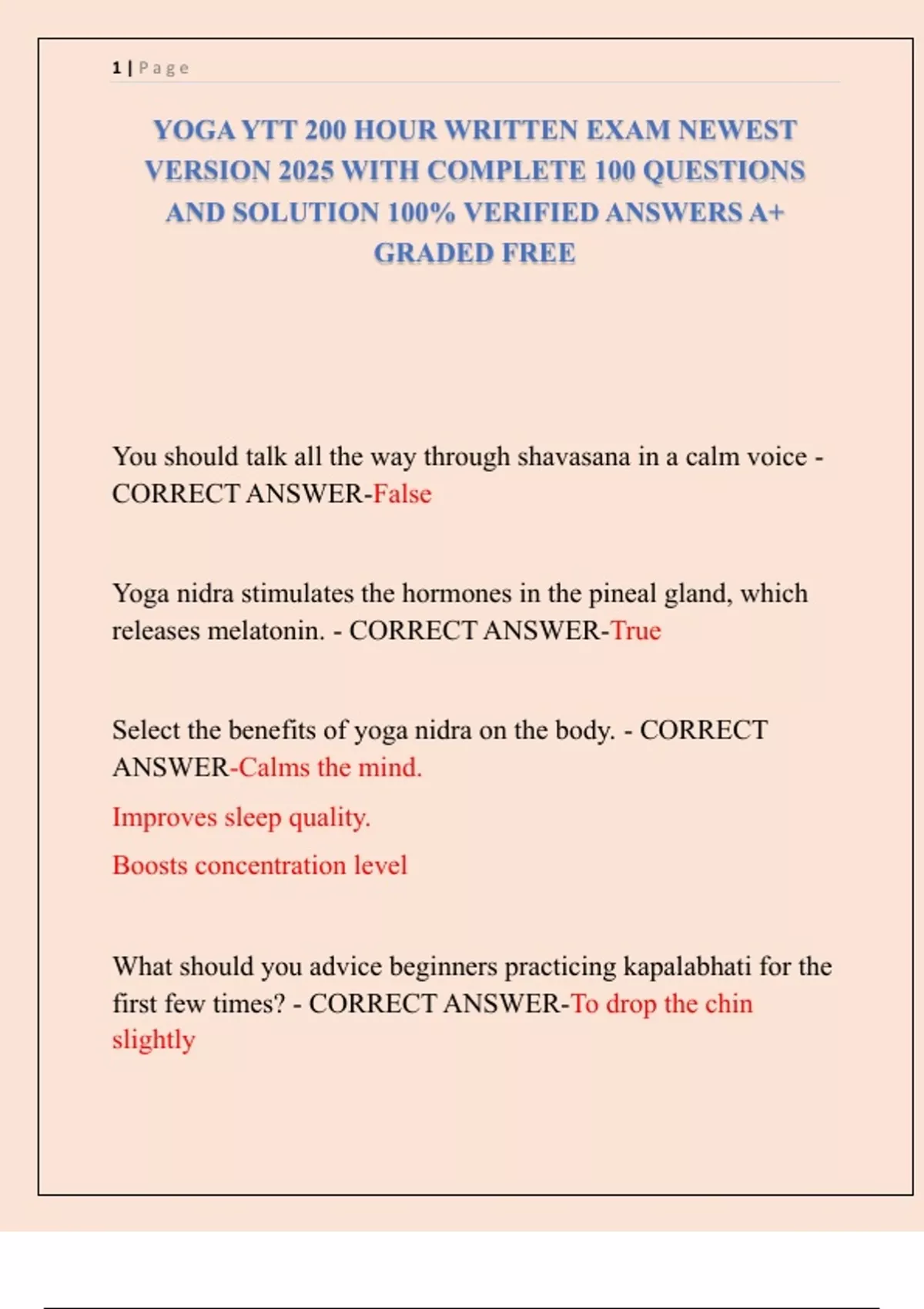 YOGA YTT 200 HOUR WRITTEN EXAM NEWEST VERSION 2025 WITH COMPLETE 100 ...