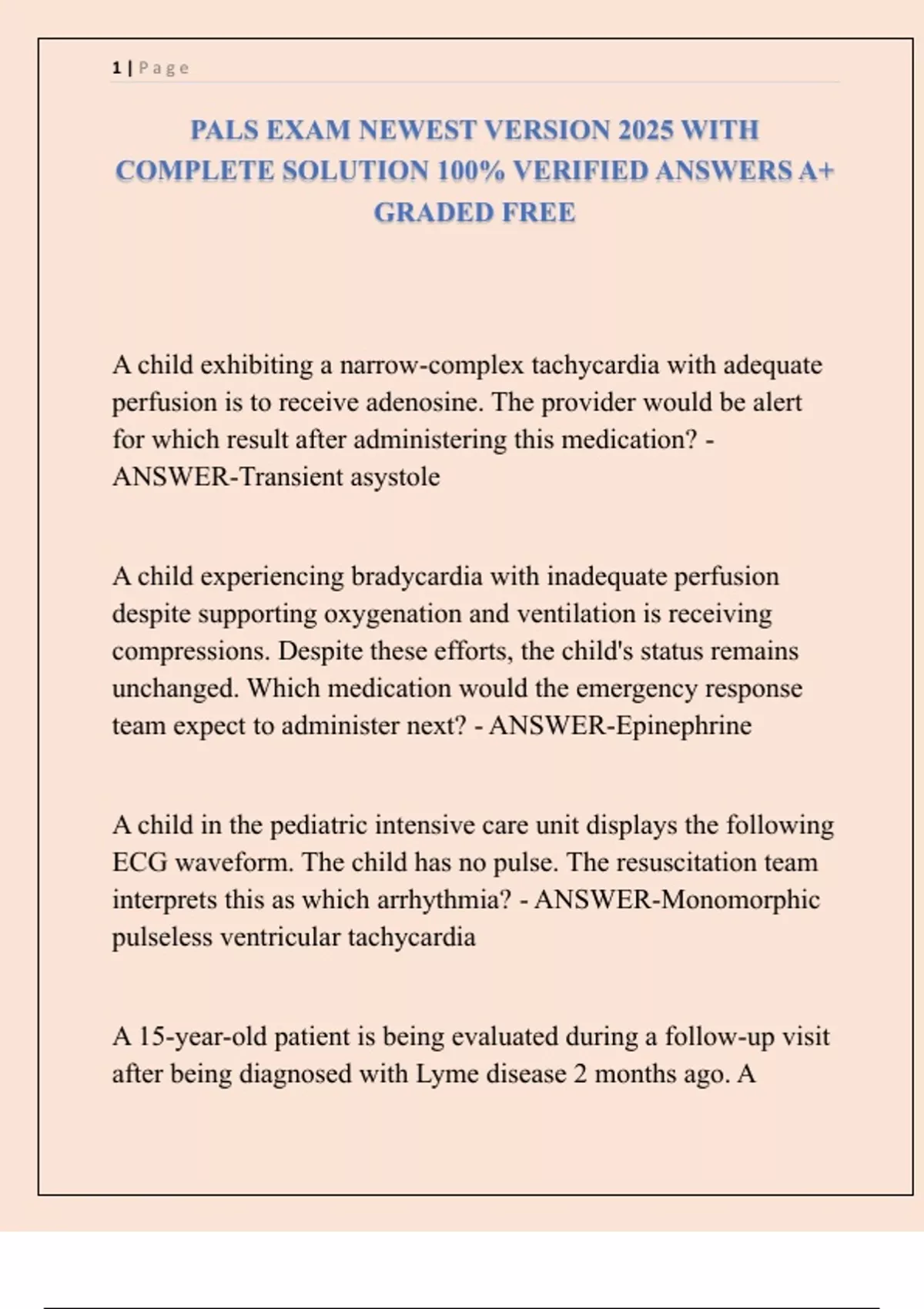 PALS EXAM NEWEST VERSION 2025 WITH COMPLETE SOLUTION 100% VERIFIED ...