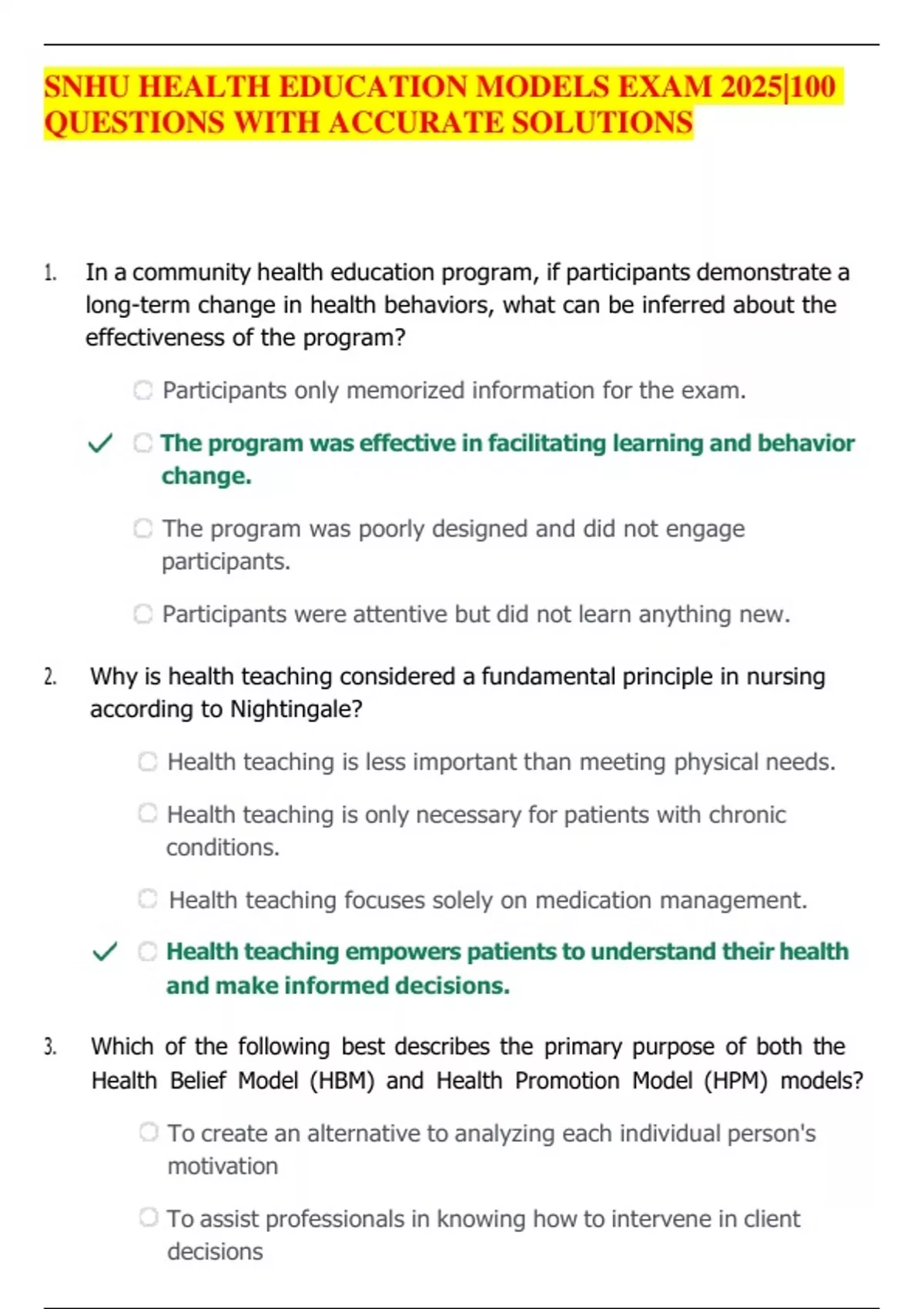 SNHU HEALTH EDUCATION MODELS EXAM 2025|100 QUESTIONS WITH ACCURATE ...