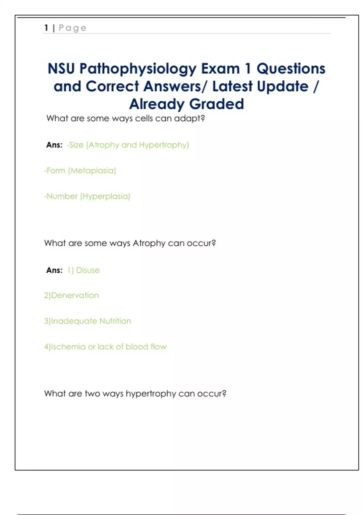 NSU Pathophysiology Exam 1 Questions and Correct Answers/ Latest Update ...