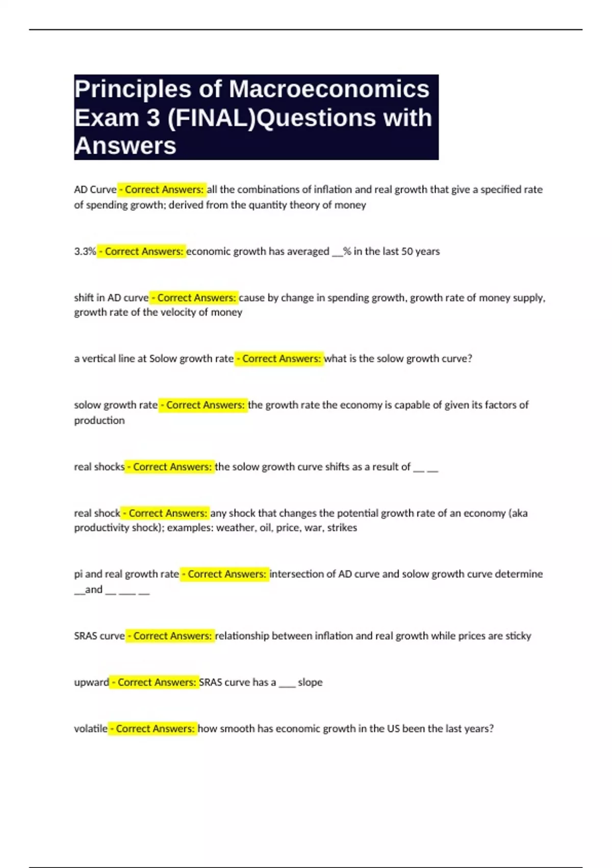 Principles of Macroeconomics Exam 3 (FINAL)Questions with Answers ...
