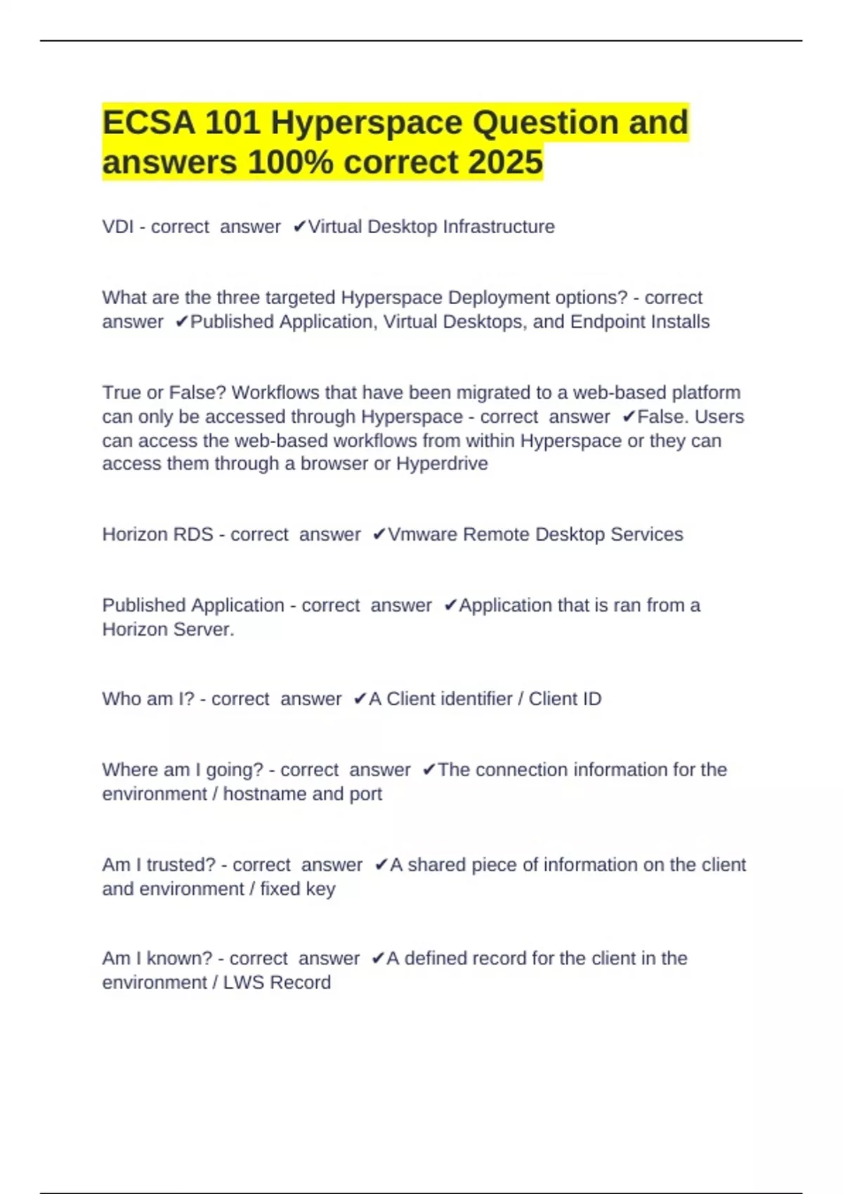 ECSA 101 Hyperspace Question and answers 100% correct 2025 - ECSA 101 ...