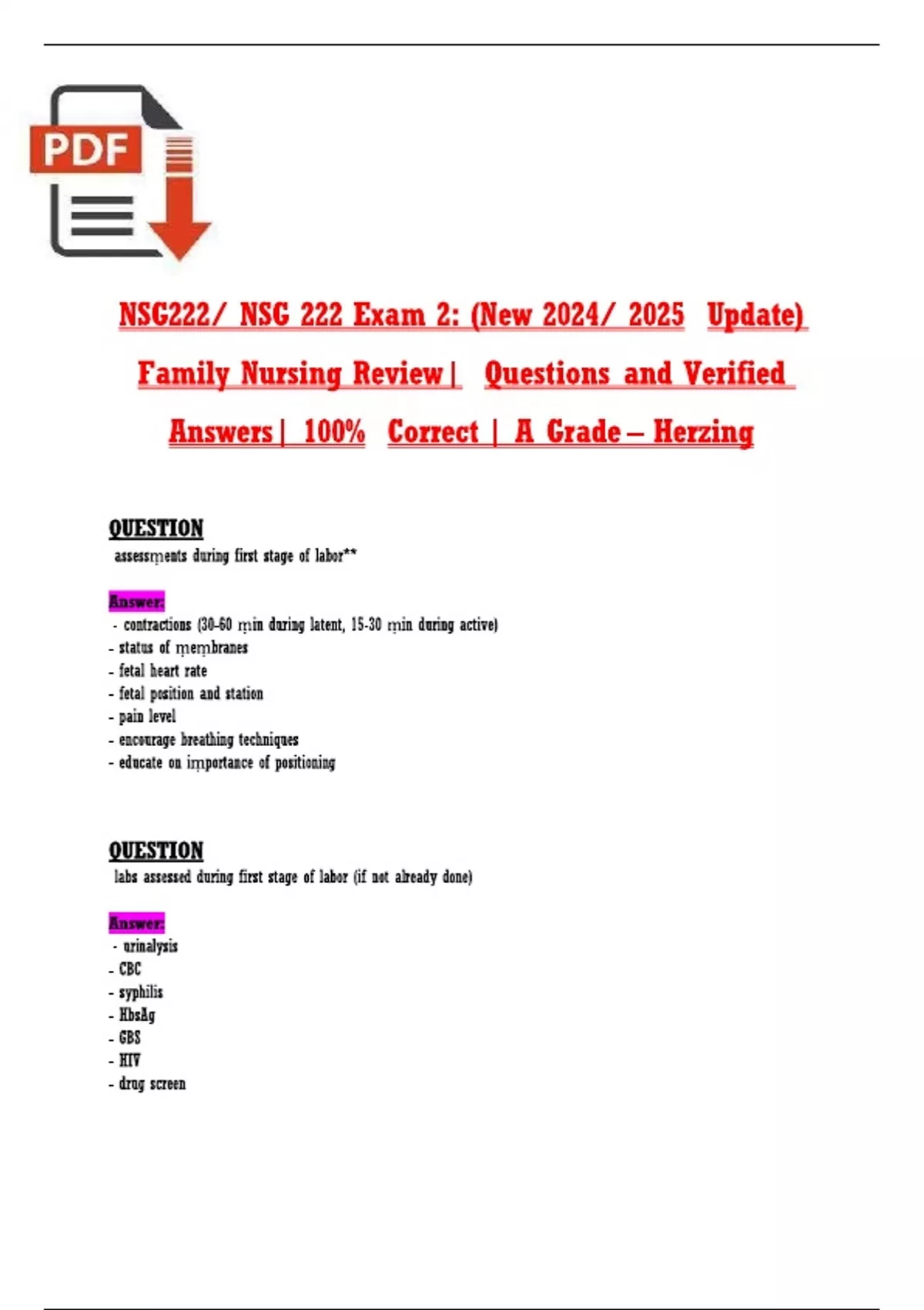NSG222/ NSG 222 Exam 2: (New 2024/ 2025 Update) Family Nursing Review| Questions and Verified ...
