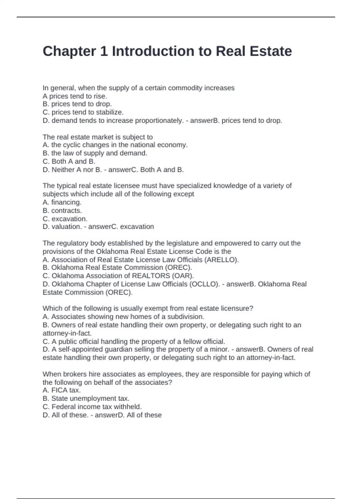 Chapter 1 Introduction to Real Estate Questions and Answers 100% ...