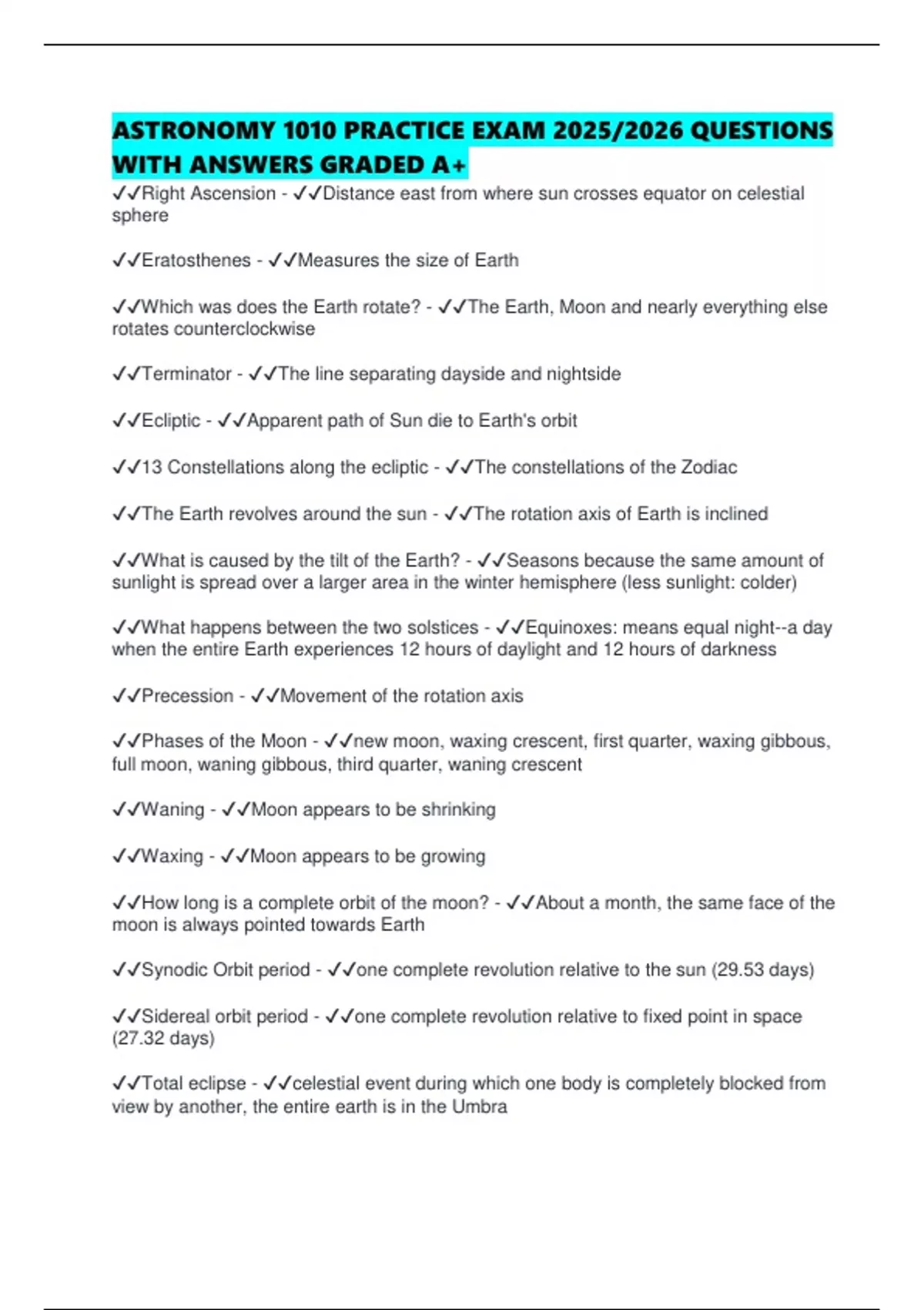 ASTRONOMY 1010 PRACTICE EXAM 2025/2026 QUESTIONS WITH ANSWERS GRADED A+ ...