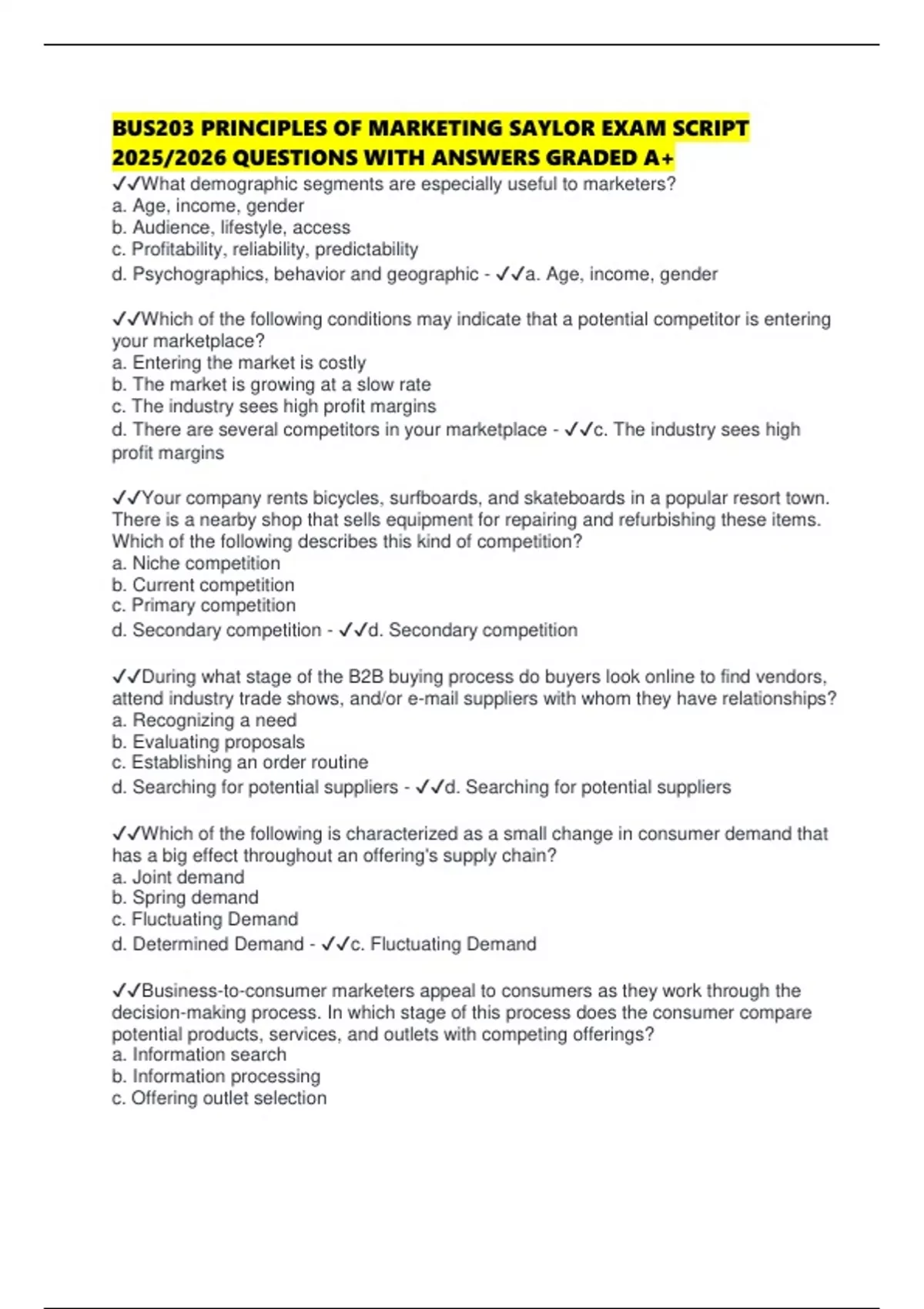 BUS203 PRINCIPLES OF MARKETING SAYLOR EXAM SCRIPT 2025/2026 QUESTIONS ...