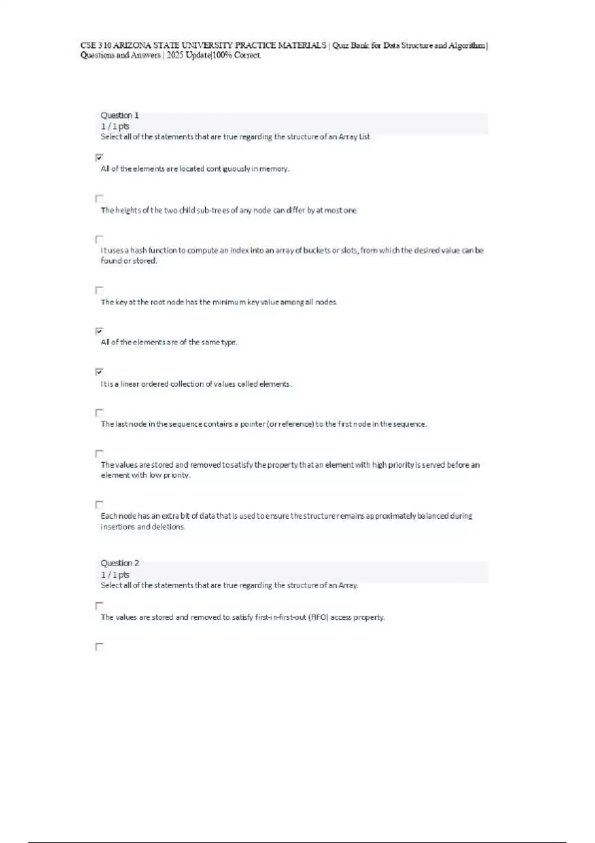 CSE 310 ARIZONA STATE UNIVERSITY PRACTICE MATERIALS | Quiz Bank for Data Structure and Algorithm ...