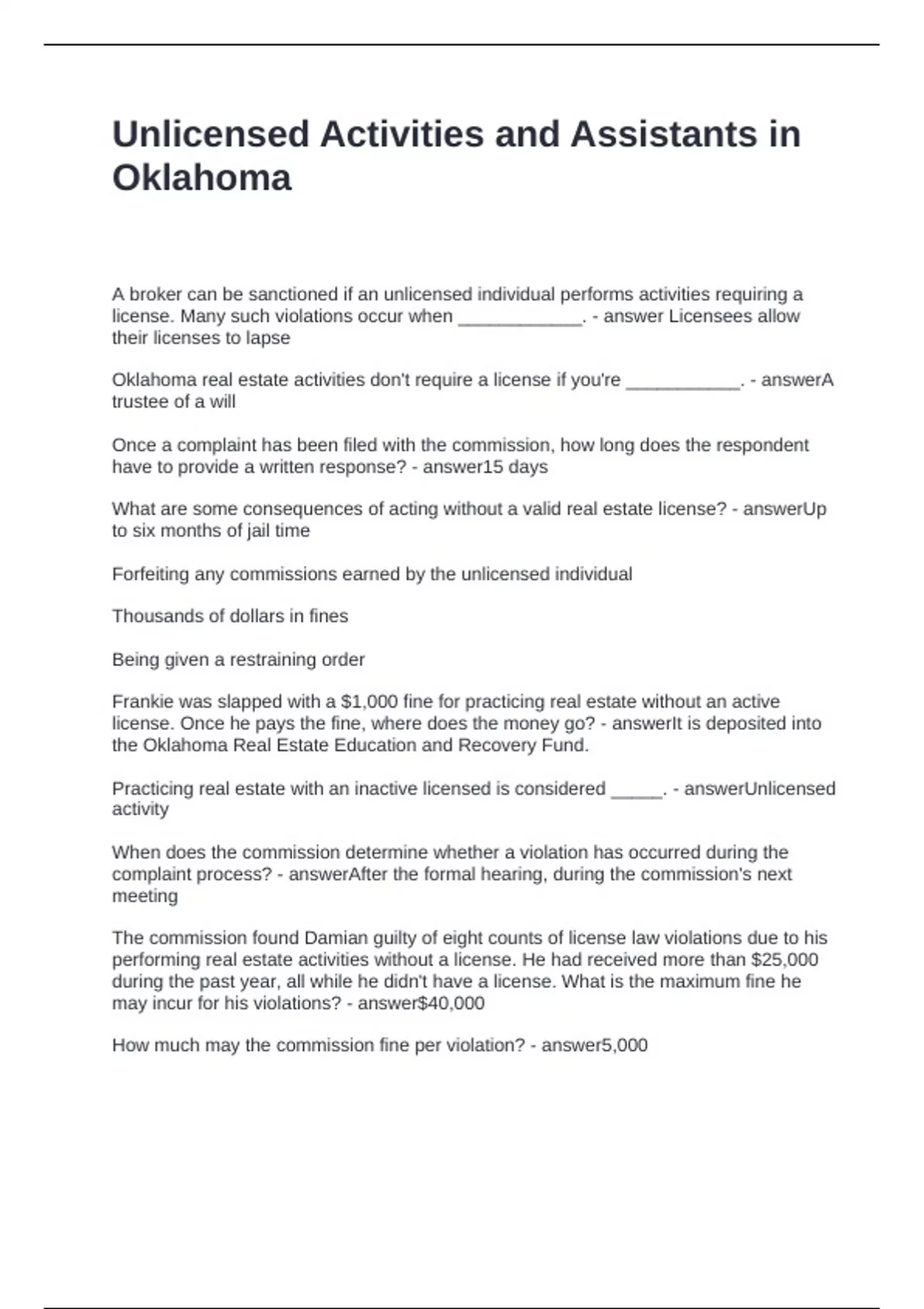 Unlicensed Activities and Assistants in Oklahoma Questions with ...