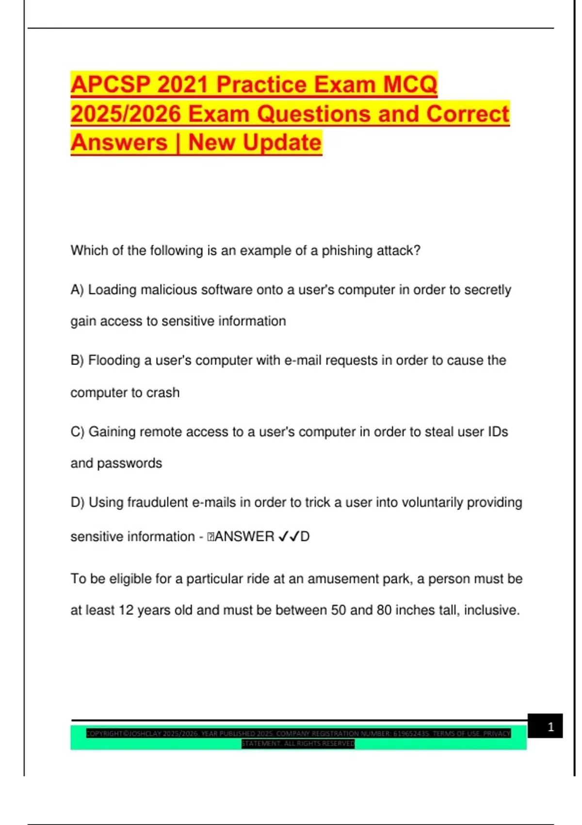 APCSP 2021 Practice Exam MCQ 2025/2026 Exam Questions and Correct ...
