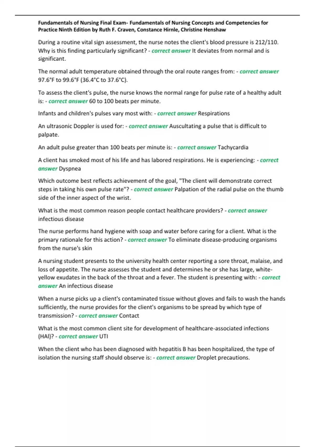 Fundamentals of Nursing Final Exam- Fundamentals of Nursing Concepts ...