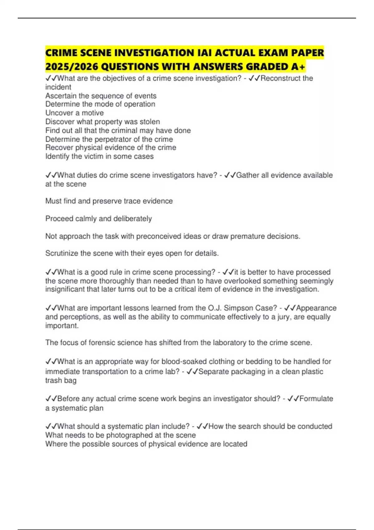 CRIME SCENE INVESTIGATION IAI ACTUAL EXAM PAPER 2025/2026 QUESTIONS ...