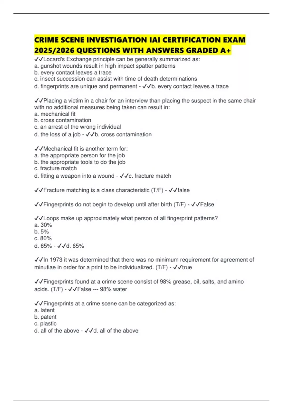 CRIME SCENE INVESTIGATION IAI CERTIFICATION EXAM 2025/2026 QUESTIONS WITH ANSWERS GRADED A+ ...