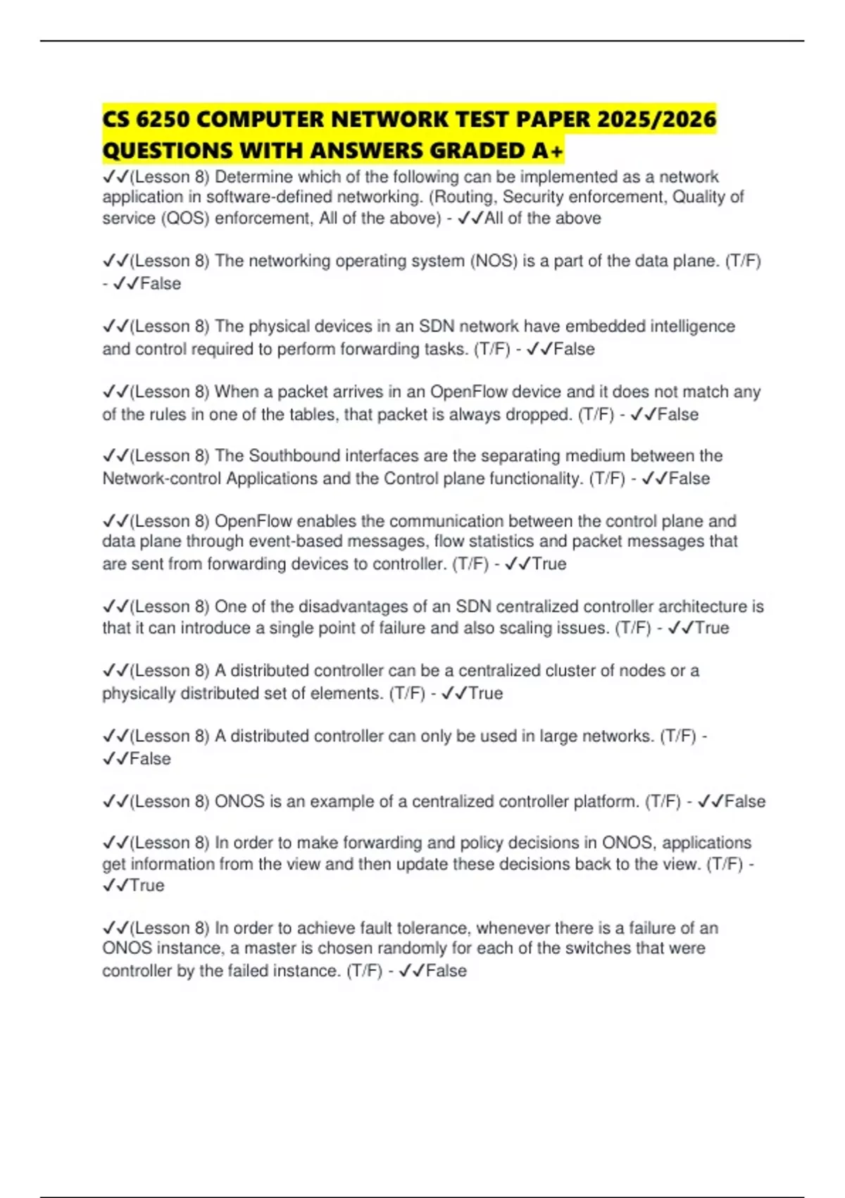 CS 6250 COMPUTER NETWORK TEST PAPER 2025/2026 QUESTIONS WITH ANSWERS ...