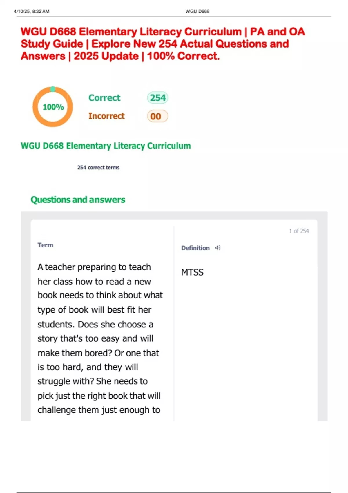 WGU D668 Elementary Literacy Curriculum | PA and OA Study Guide ...