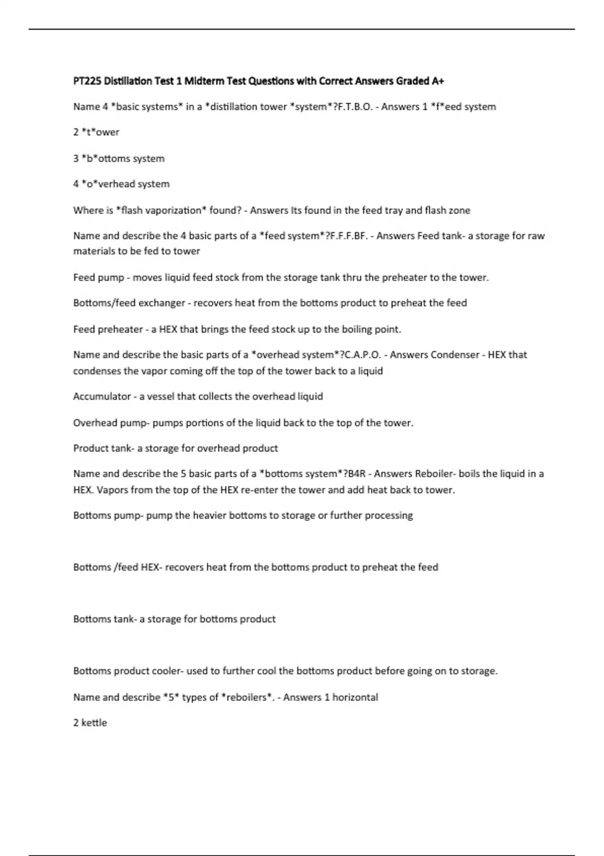 PT225 Distillation Test 1 Midterm Test Questions with Correct Answers ...