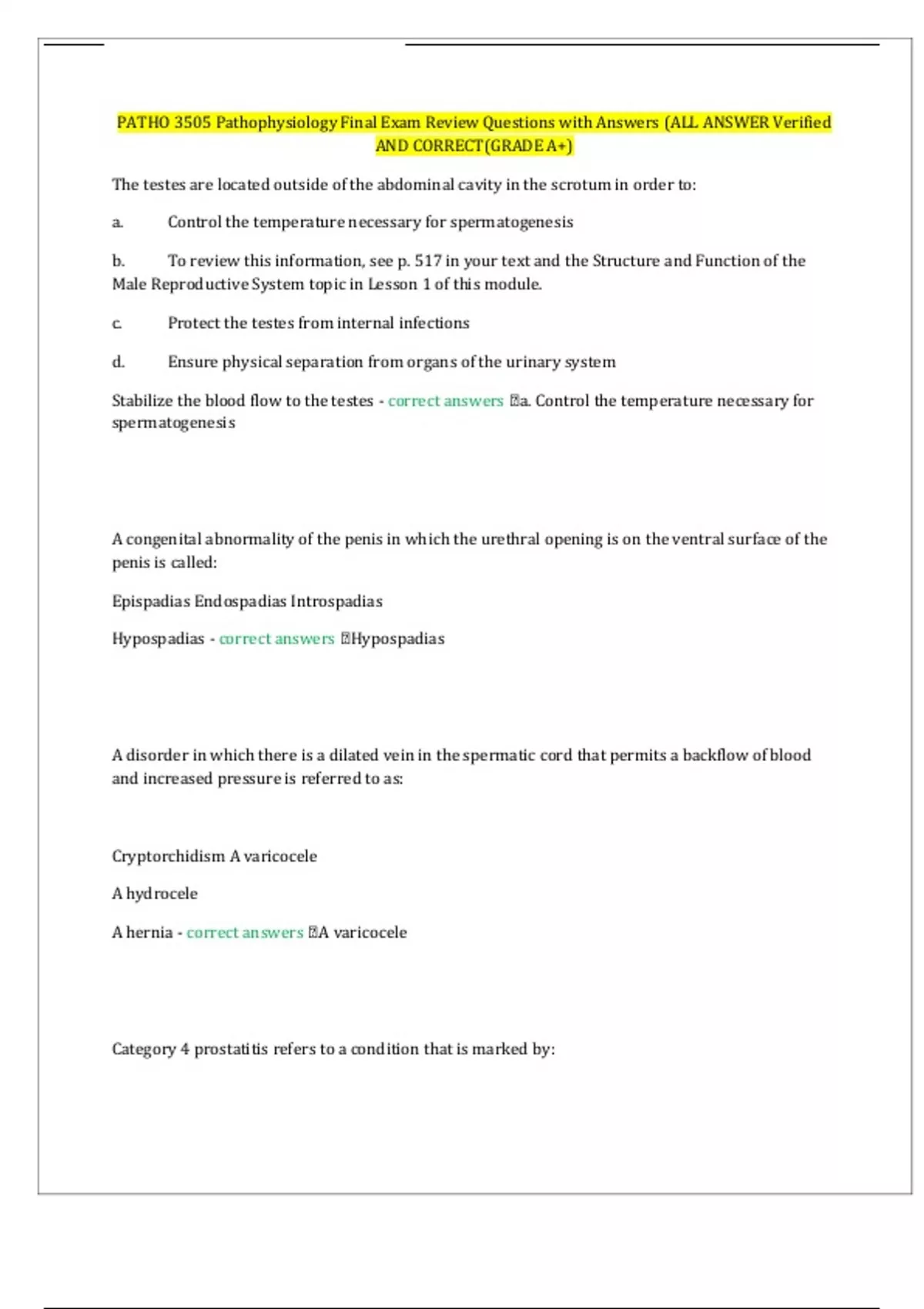 PATHO 3505 Pathophysiology Final Exam Review Questions with Answers ...