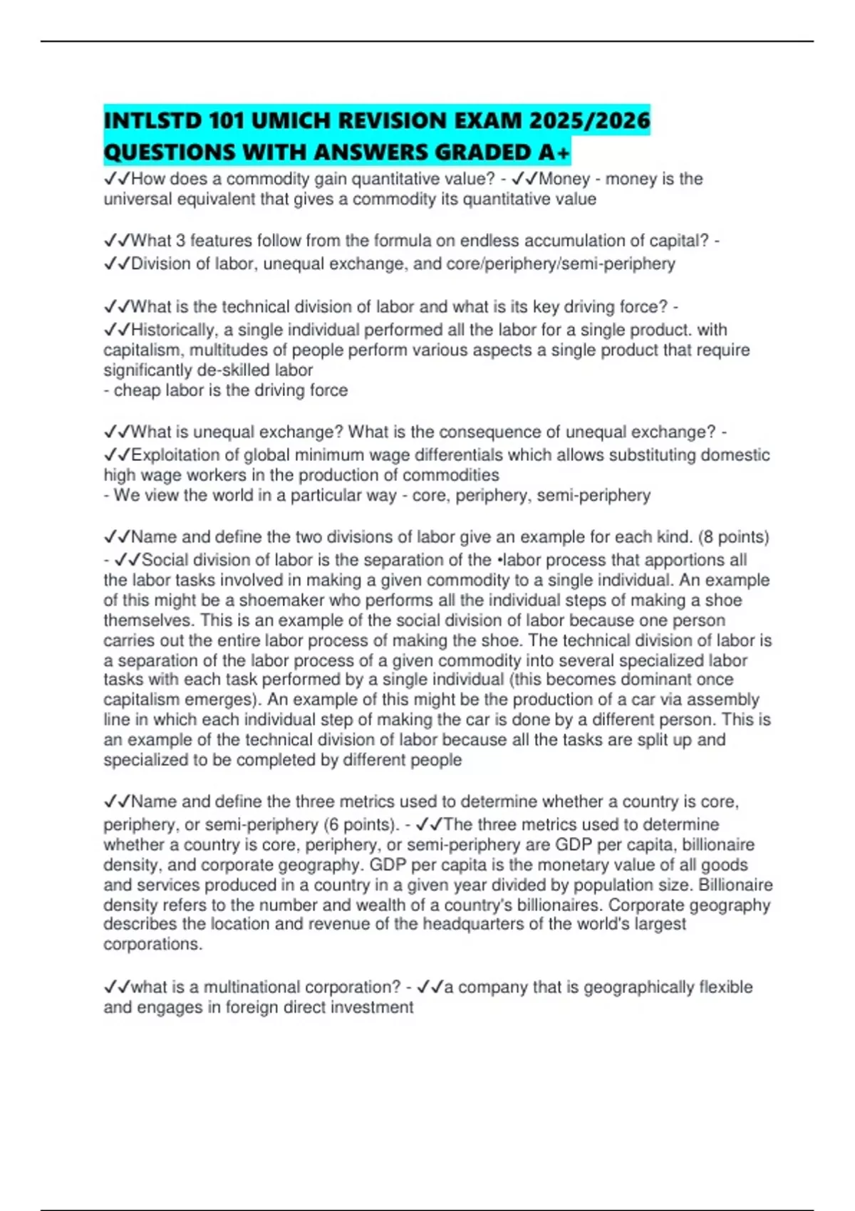 INTLSTD 101 UMICH REVISION EXAM 2025/2026 QUESTIONS WITH ANSWERS GRADED ...