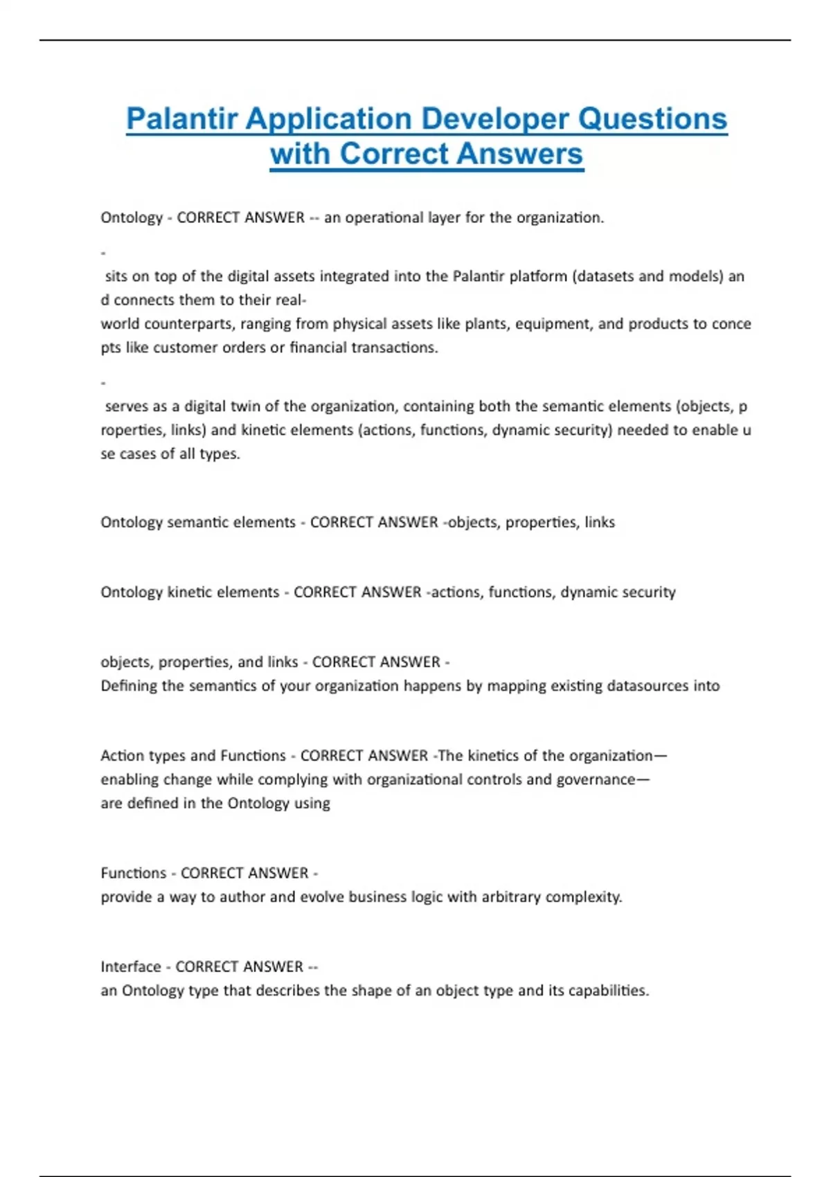 Palantir Application Developer Questions with Correct Answers 2025/2026 - Palantir - Stuvia US