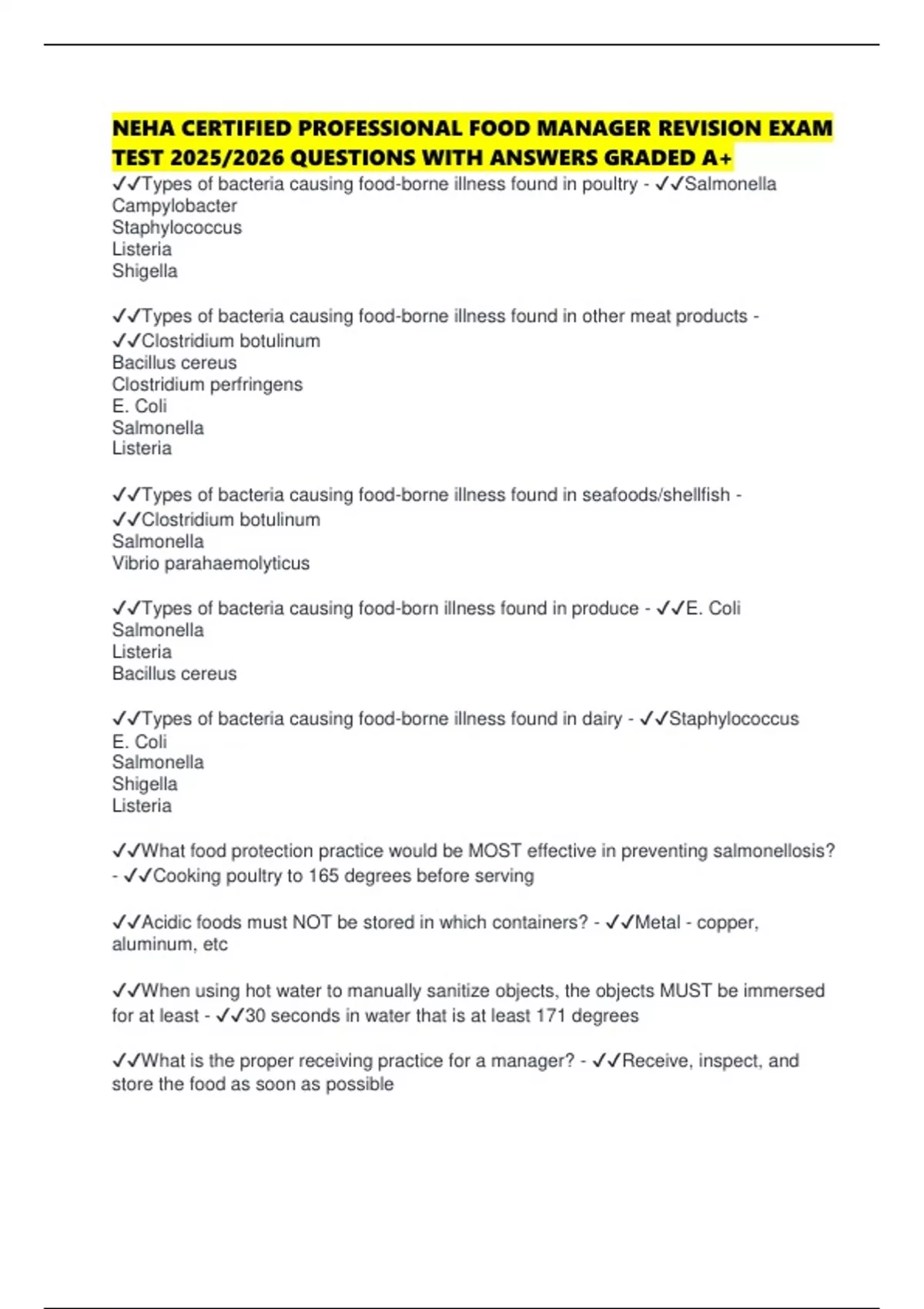 NEHA CERTIFIED PROFESSIONAL FOOD MANAGER REVISION EXAM TEST 2025/2026 ...
