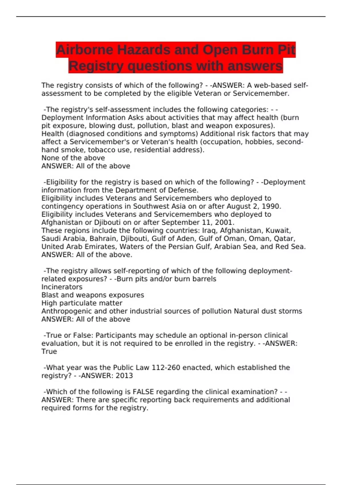 Airborne Hazards and Open Burn Pit Registry questions with answers ...