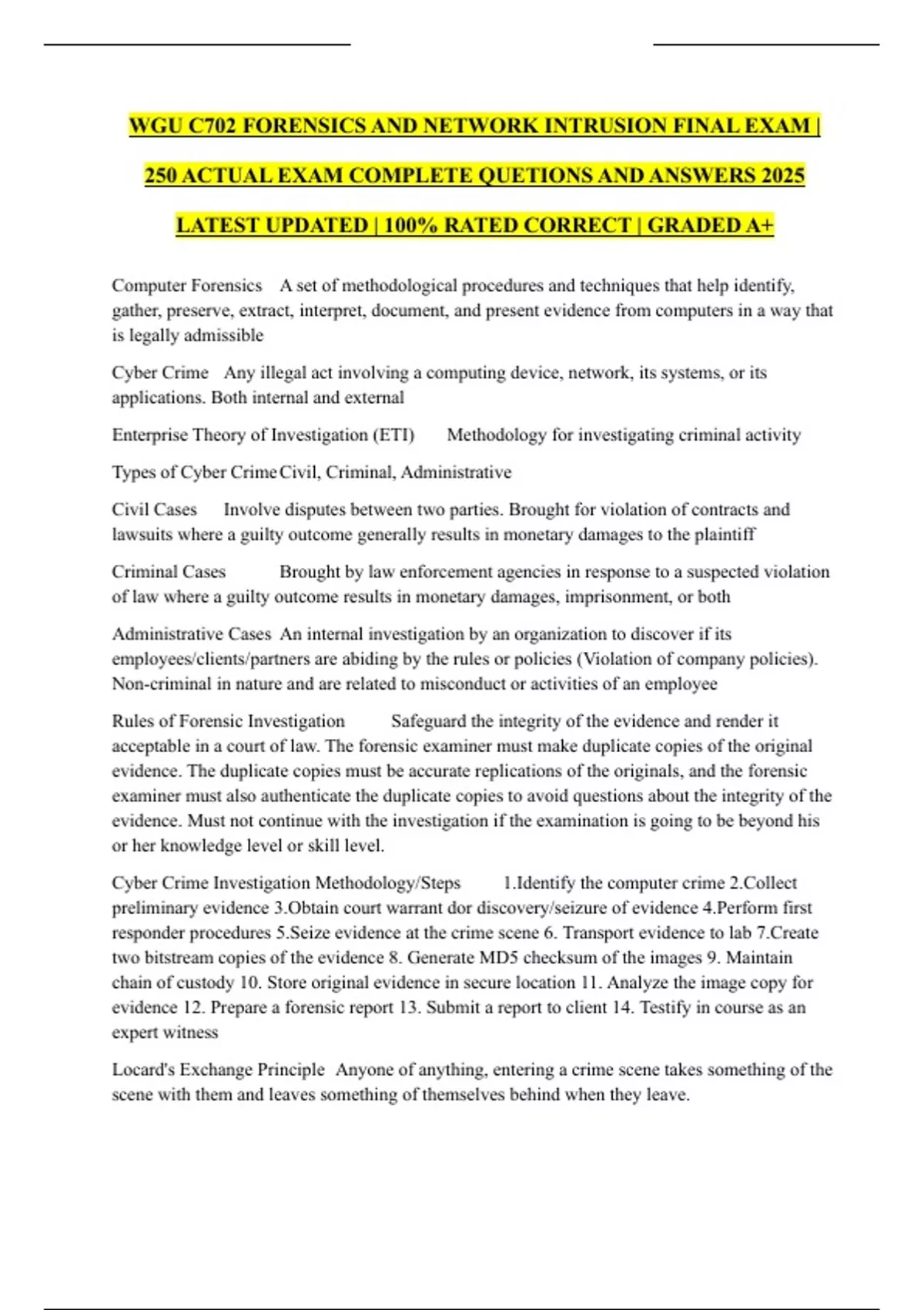 Wgu C702 Forensics And Network Intrusion Final Exam 250 Actual Exam