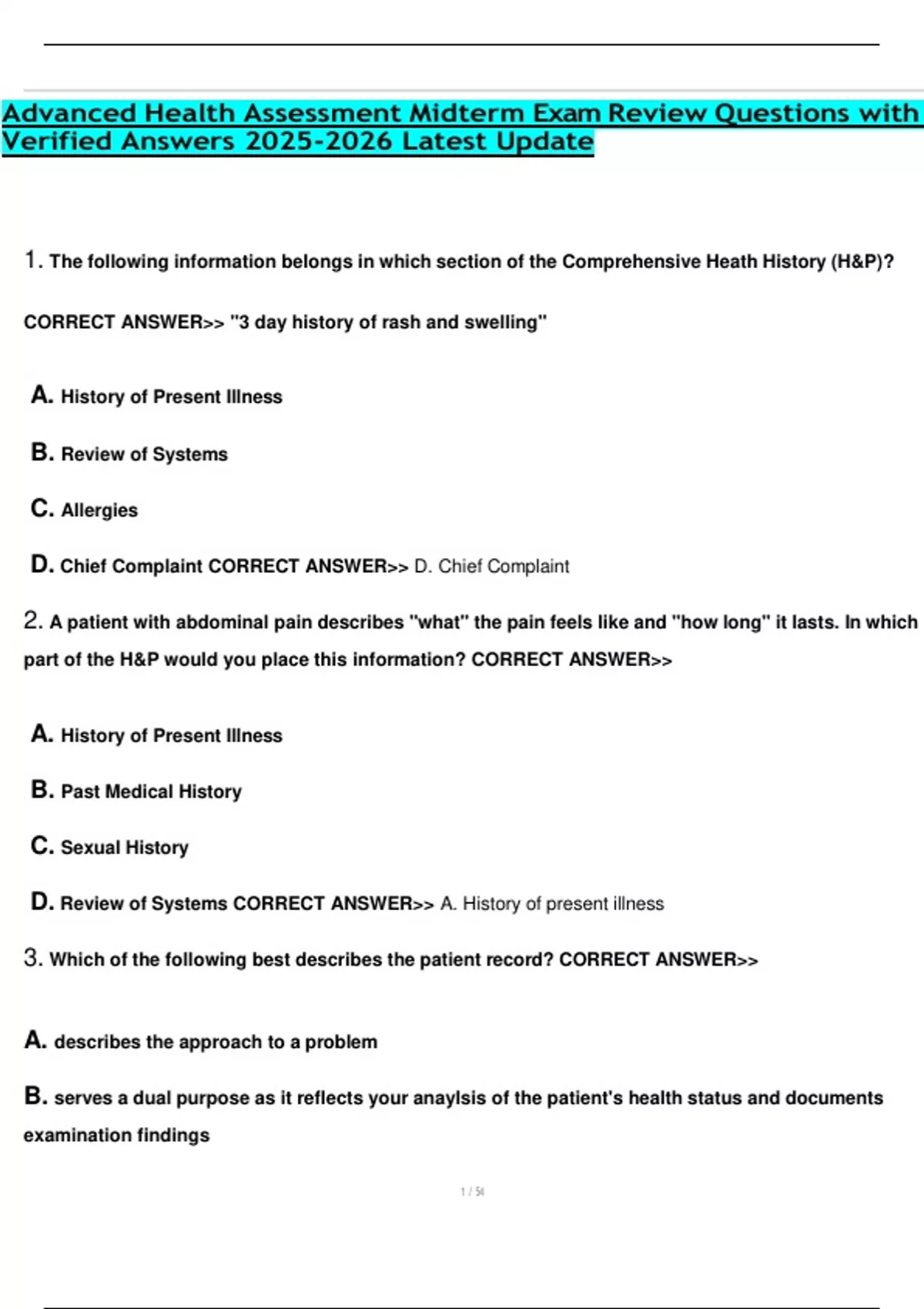 Advanced Health Assessment Midterm Exam Review Questions with Verified ...