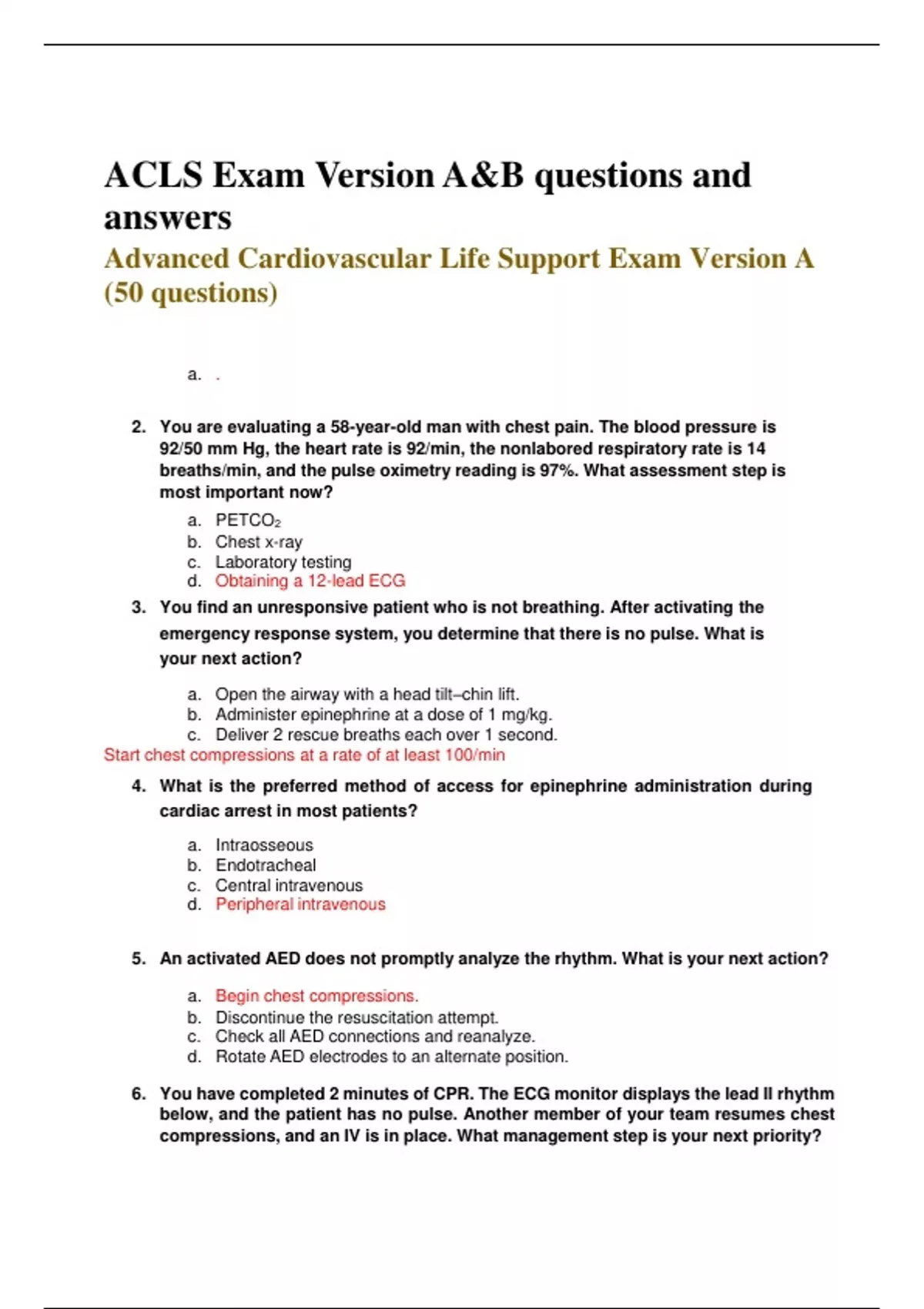 ACLS Exam Version A&B questions and answers Advanced Cardiovascular ...
