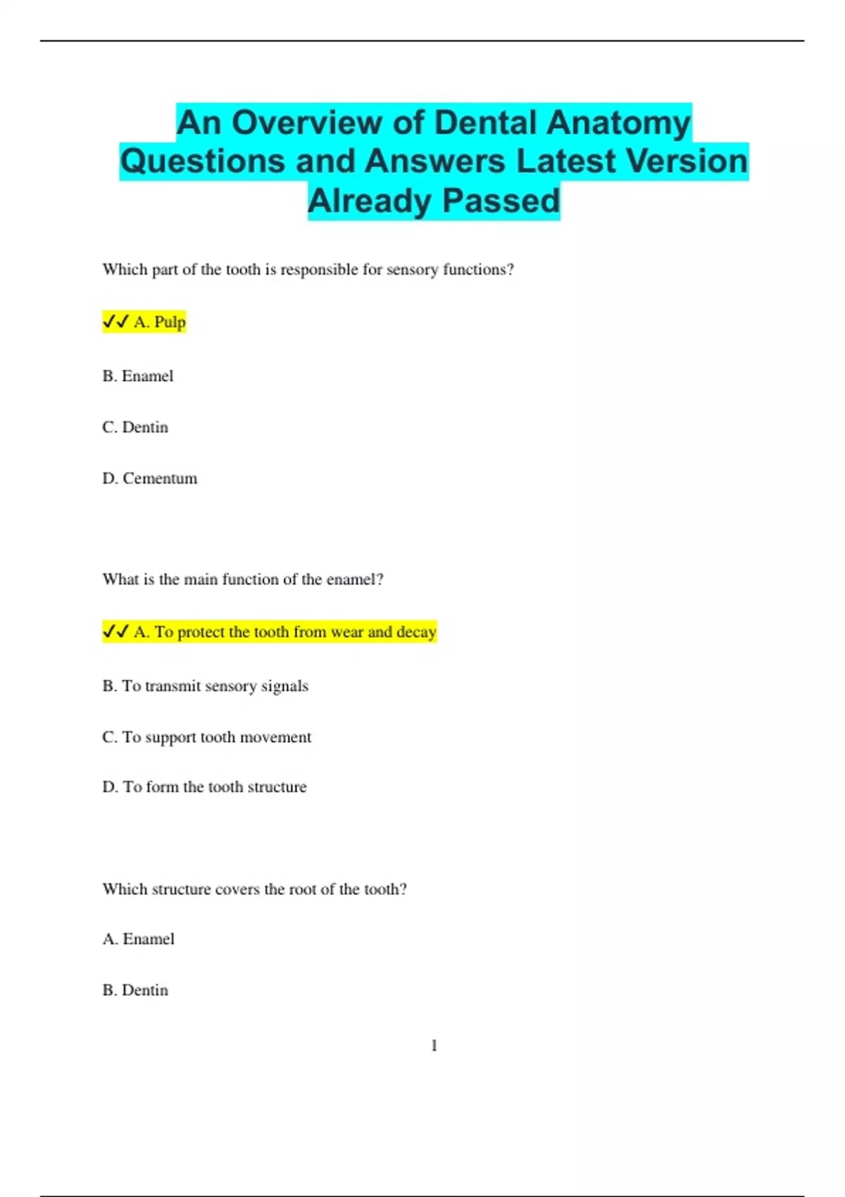An Overview of Dental Anatomy Questions and Answers Latest Version ...