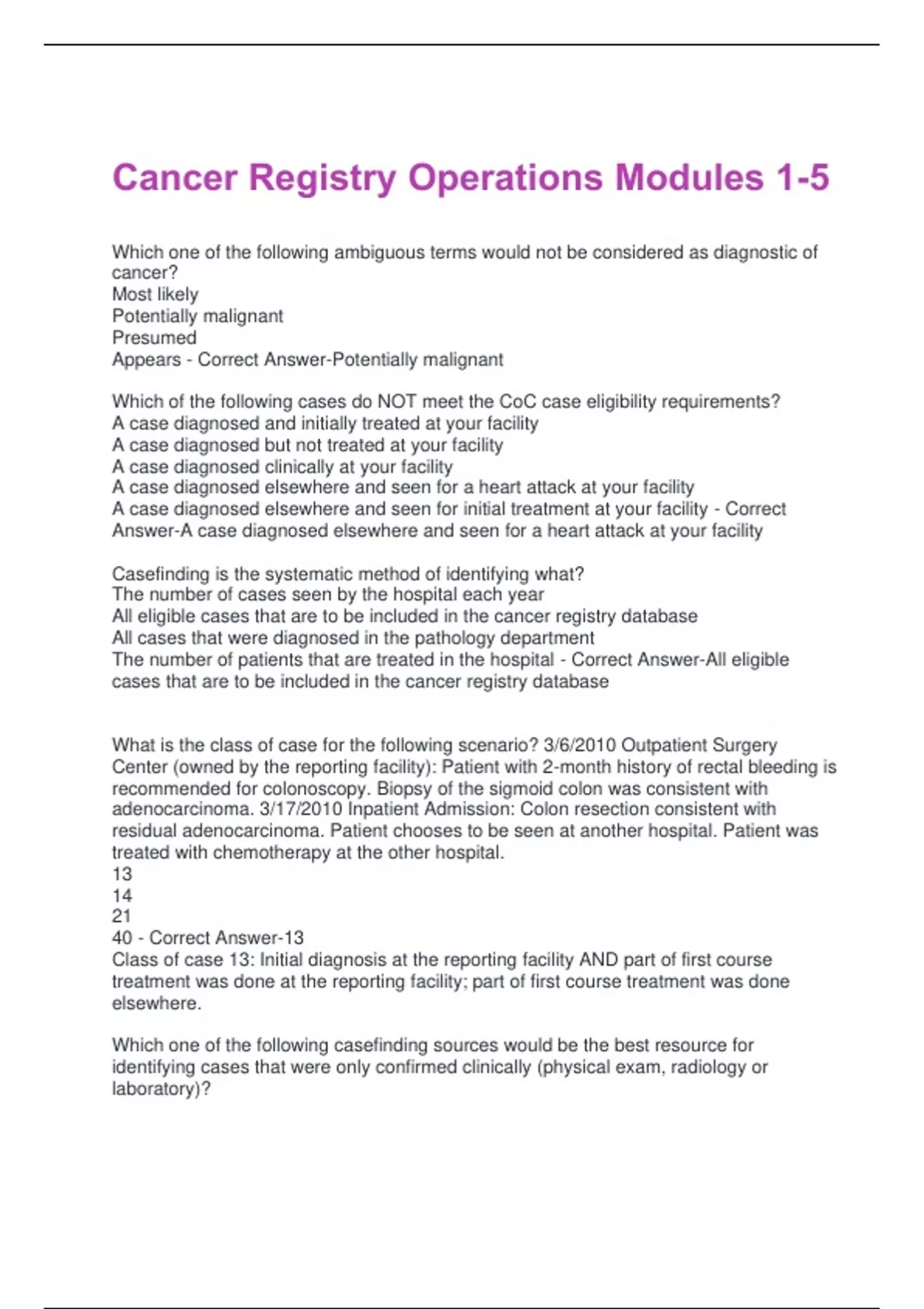 Cancer Registry Operations Modules 1-5 | Questions and Answers | 2025 ...