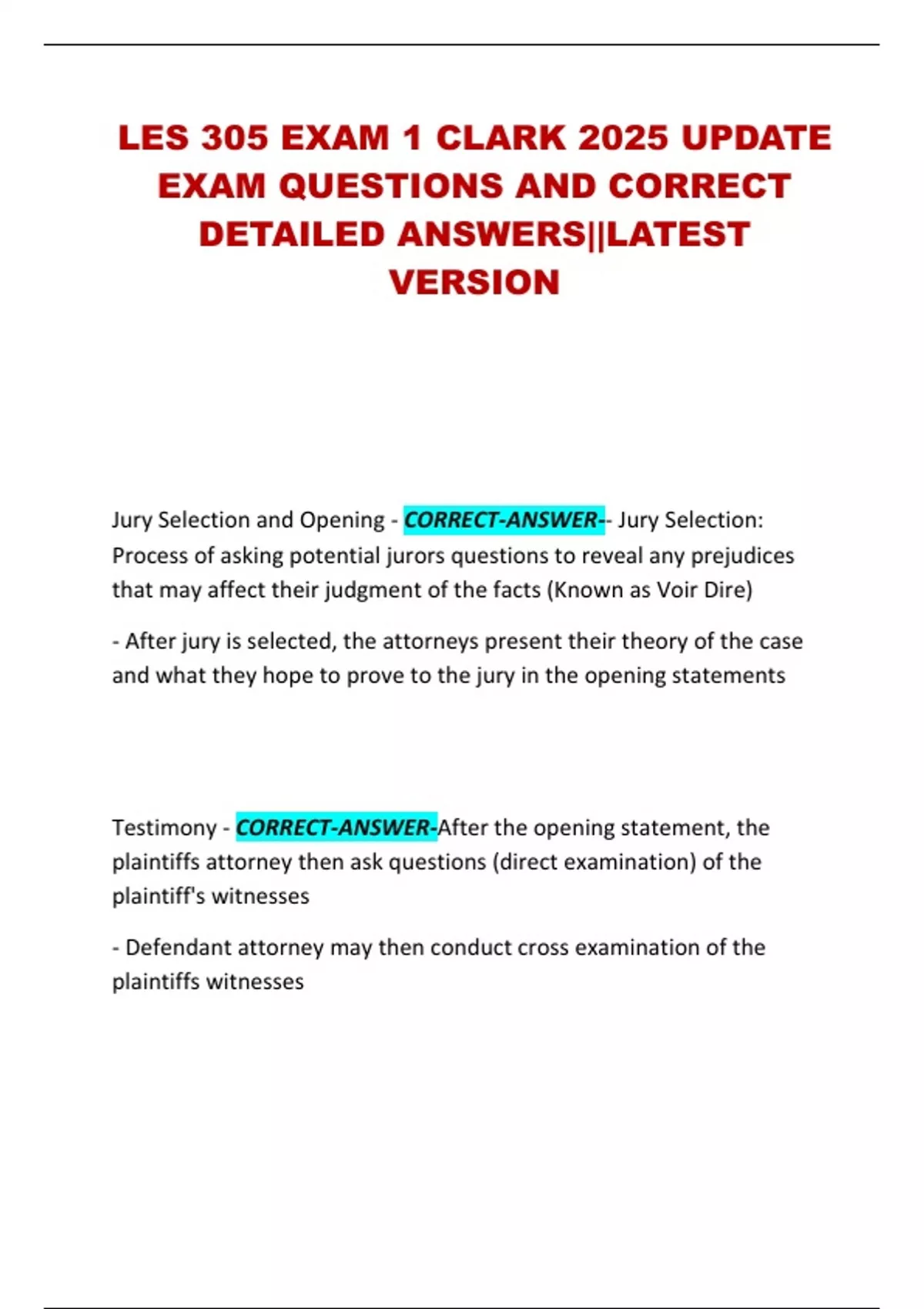 LES 305 EXAM 1 CLARK 2025 UPDATE EXAM QUESTIONS AND CORRECT DETAILED ...