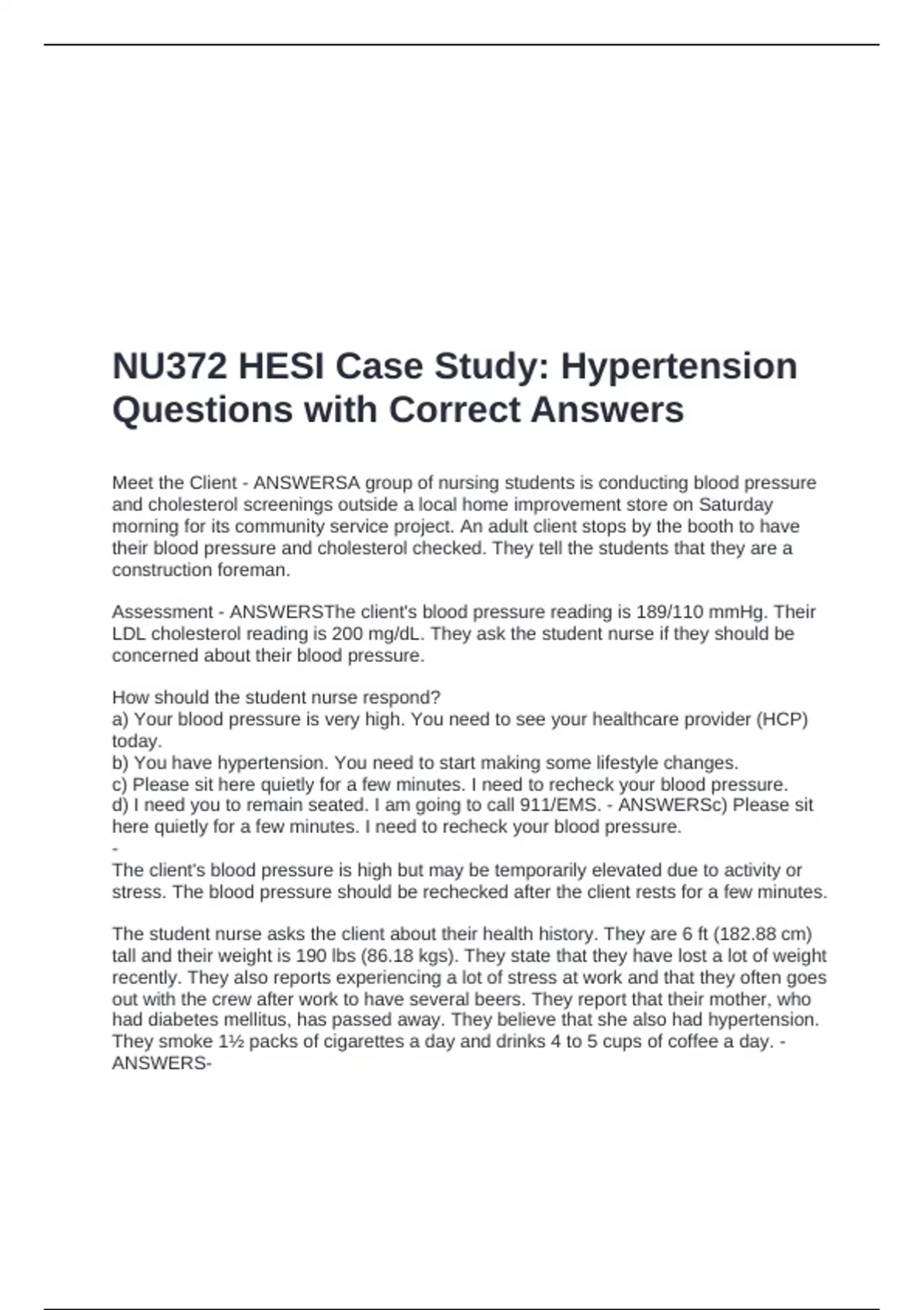 NU372 HESI Case Study: Hypertension Questions with Correct Answers ...
