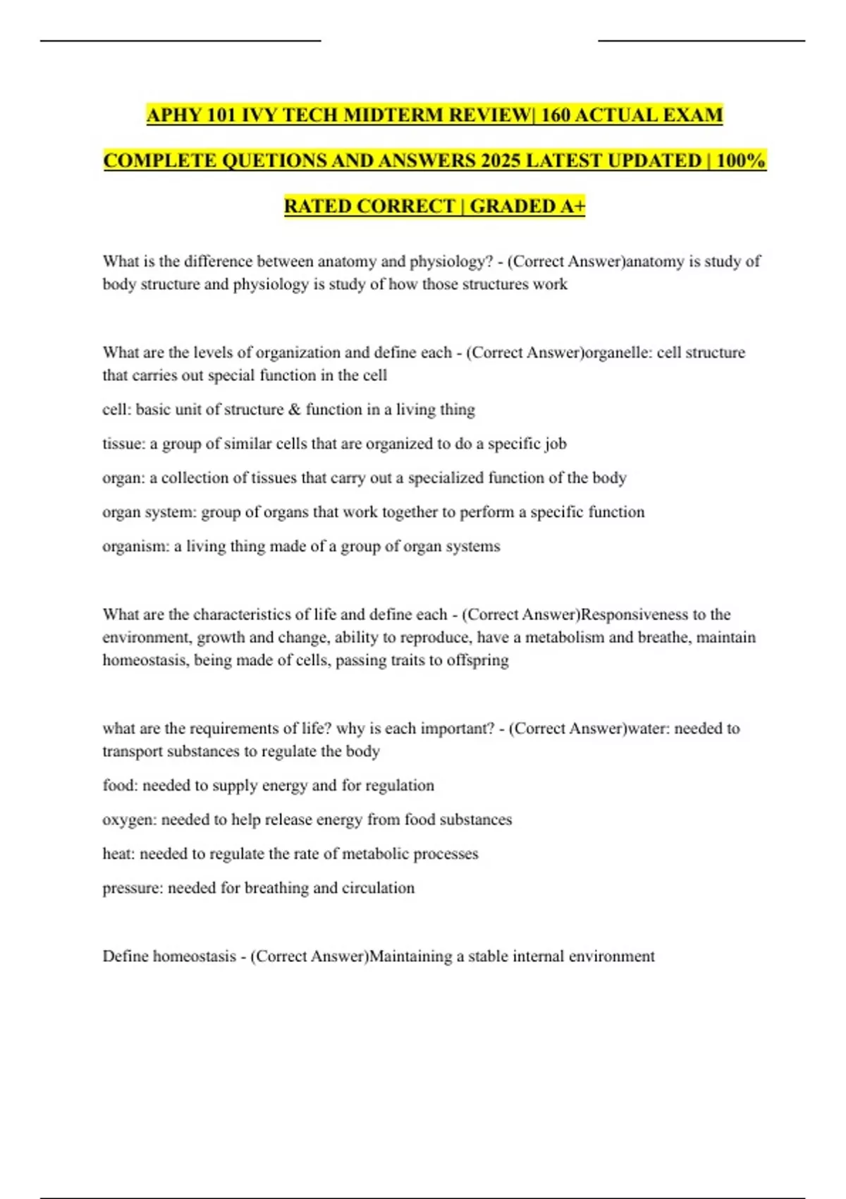 APHY 101 IVY TECH MIDTERM REVIEW| 160 ACTUAL EXAM COMPLETE QUETIONS AND ...