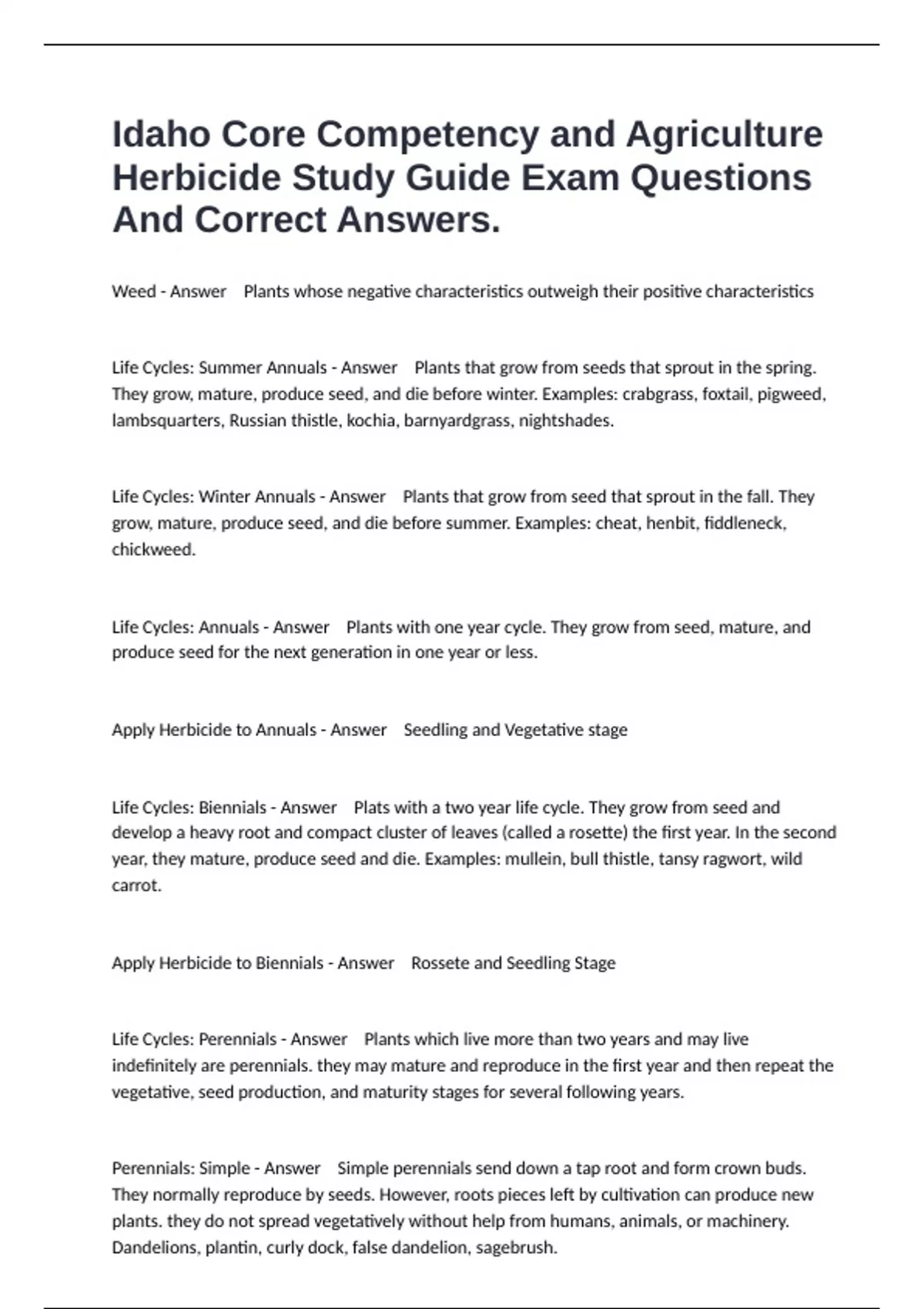 Idaho Core Competency and Agriculture Herbicide Study Guide Exam ...